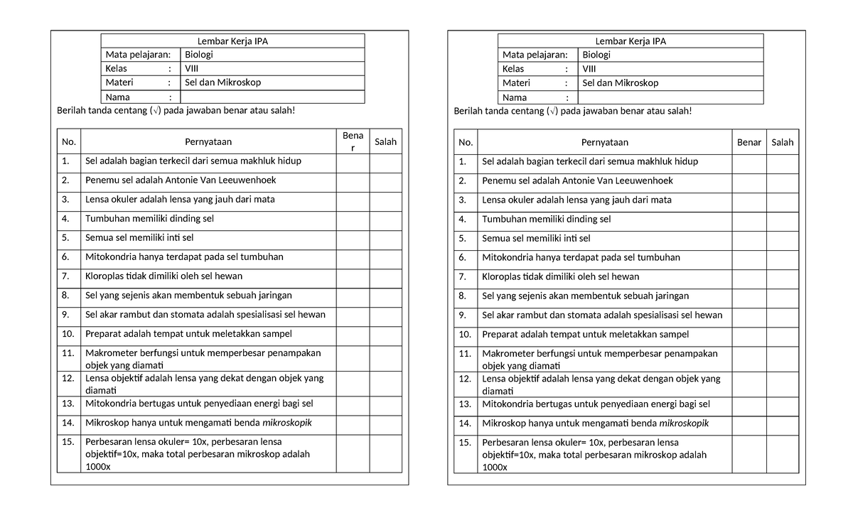 Lembar Kerja IPA Kelas VIII: Biologi Sel dan Mikroskop - Studocu