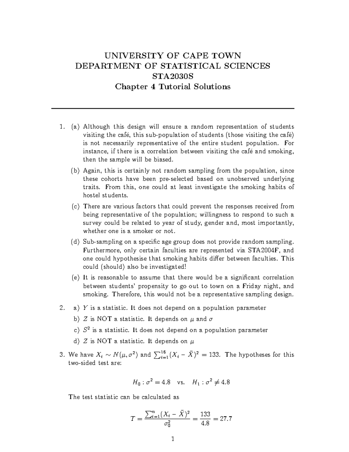 STA2030S Tutorial 5 Solutions: Chapter 4 Analysis and Insights - Studocu
