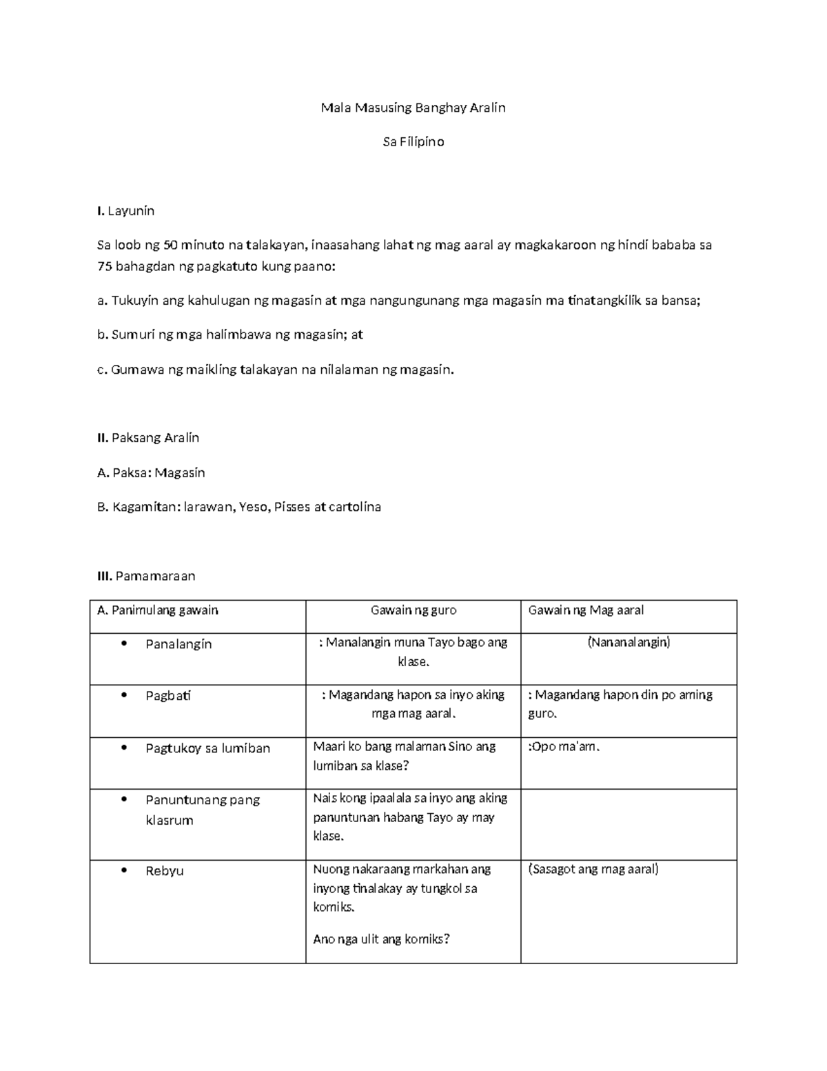 Filipino LP - Lesson Plan on Magazines and Their Analysis - Studocu