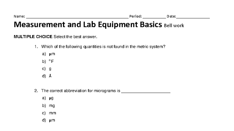 TE Measurement and Lab Equipment Basics Bell Work Quiz - Studocu