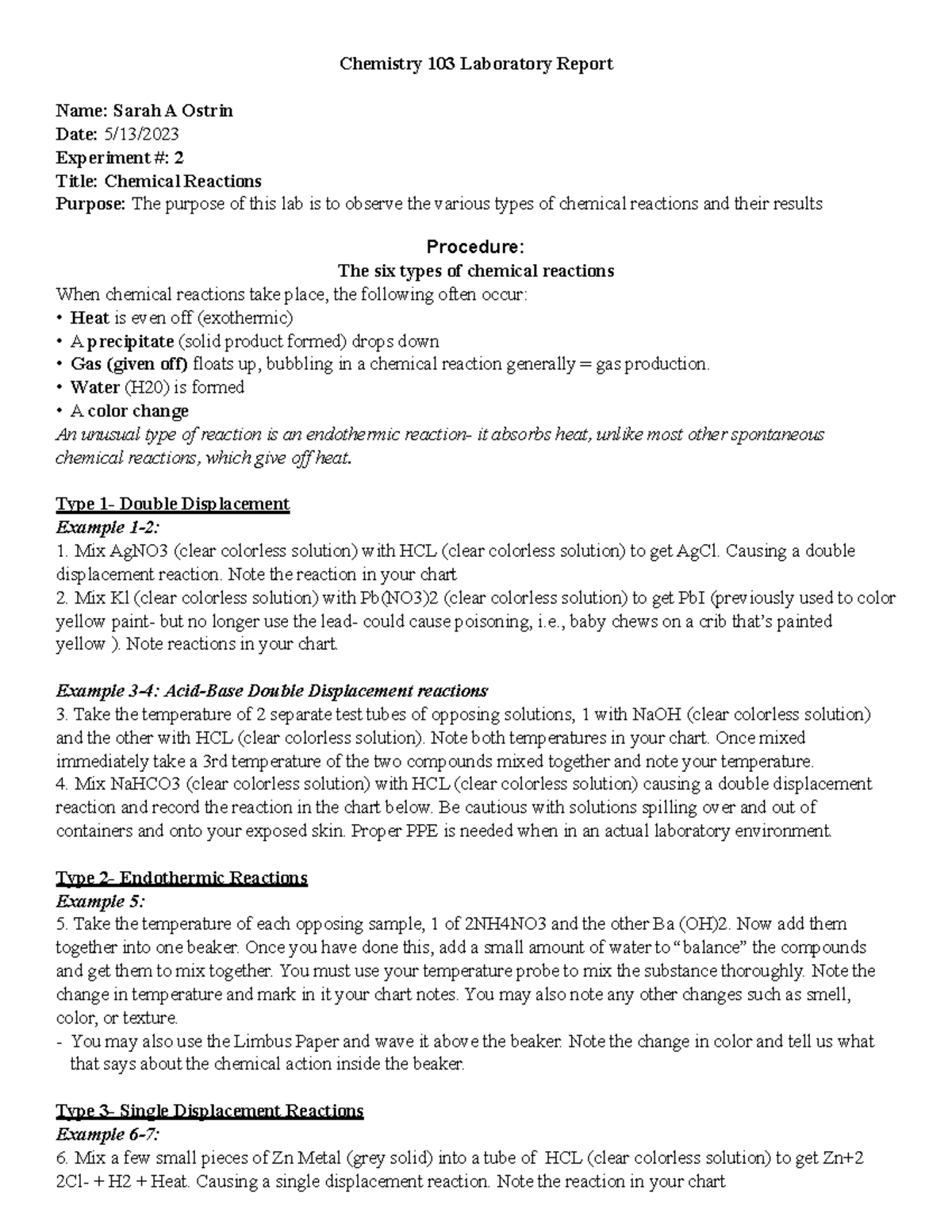 Chemistry 103 Lab Report: Types of Chemical Reactions Explained - Studocu
