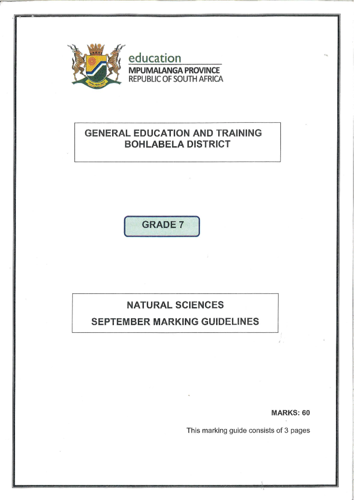 NS Grade 7 Natural Sciences September 2024 Marking Guidelines - Studocu