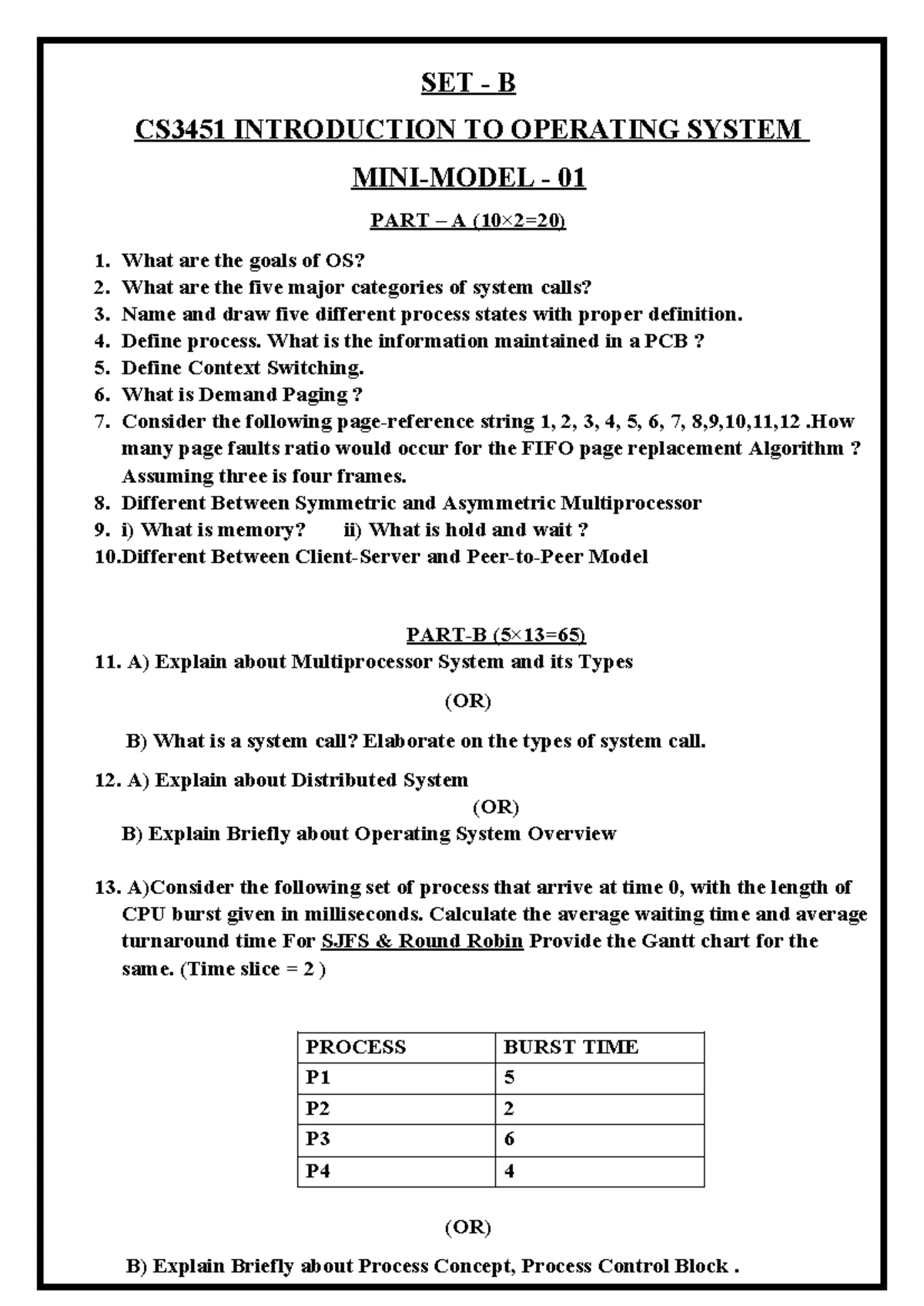 Cs3451 Final Exam Introduction To Operating Systems Question Paper