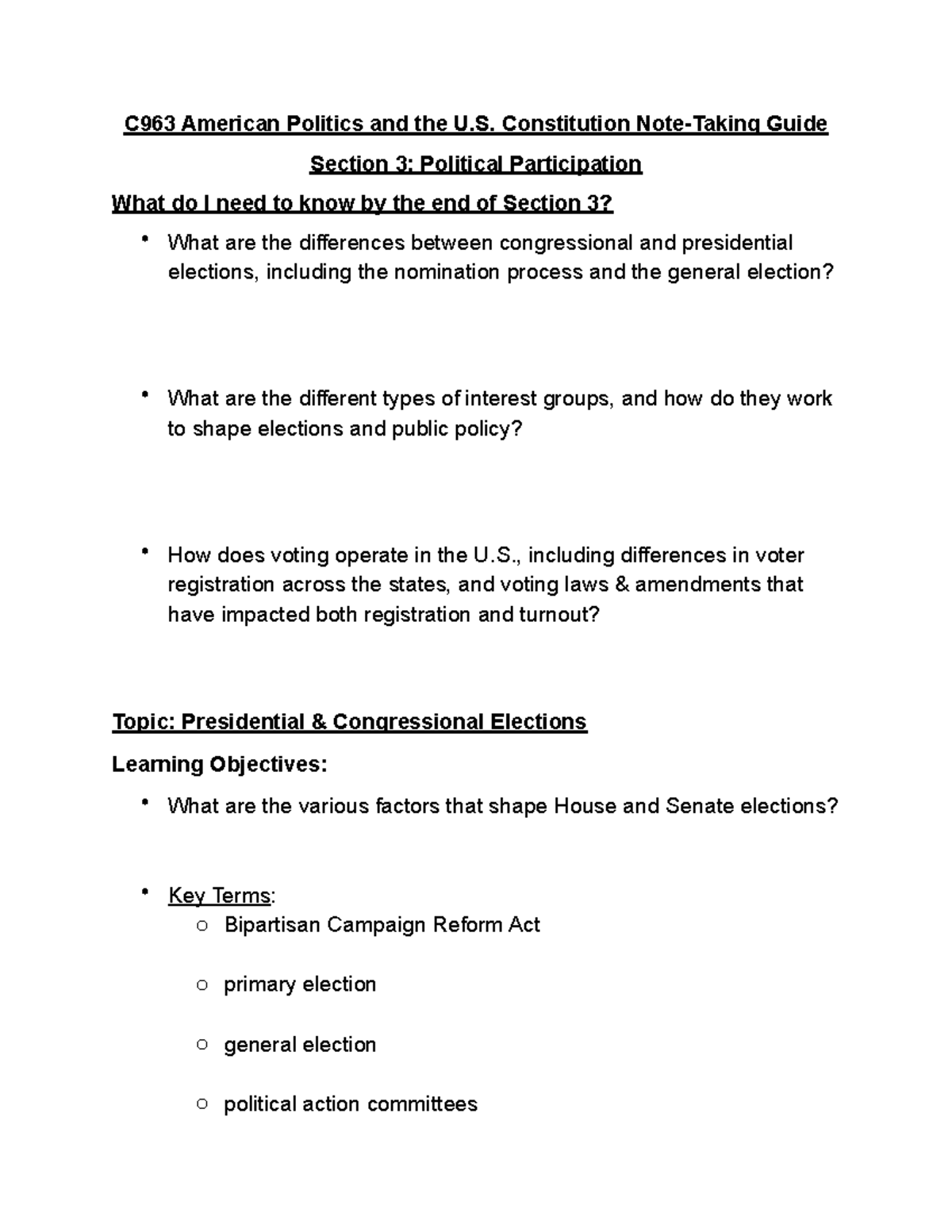 C963 Section 3 Notes - C963 American Politics and the U. Constitution ...