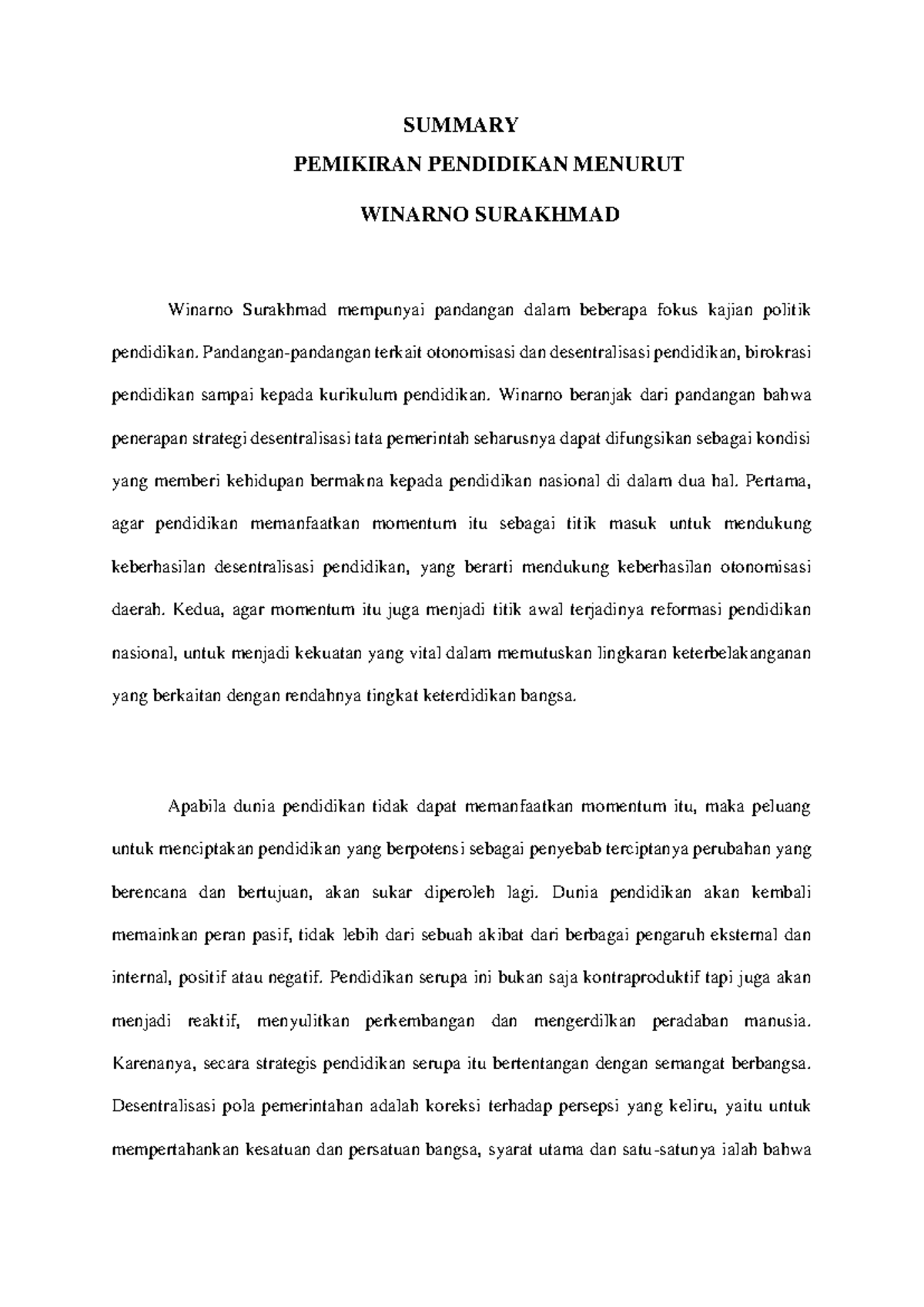 Summary LP 17 - Pemikiran Pendidikan Winarno Surakhmad - Studocu