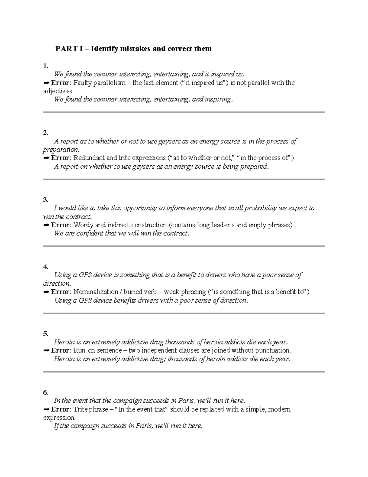 PART I: Identifying and Correcting Common Writing Errors - Studocu