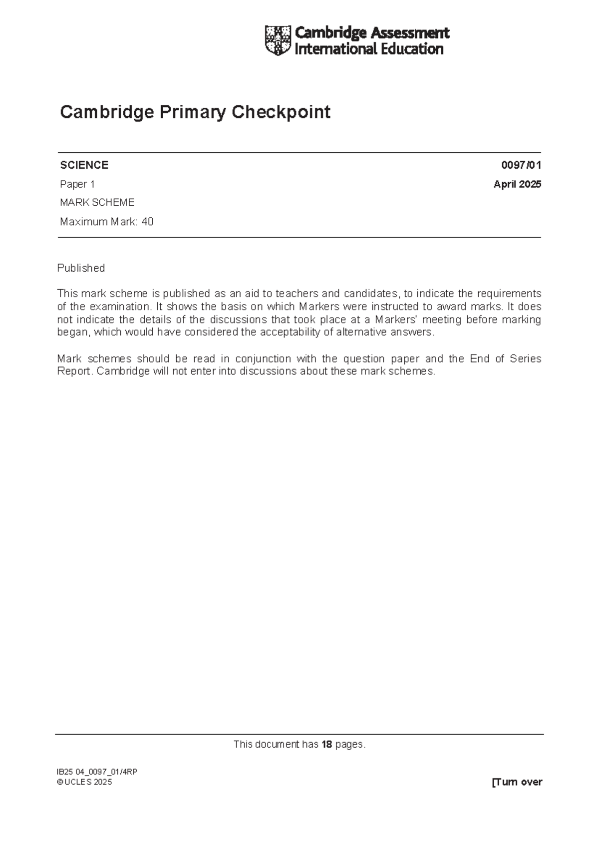 Cambridge Primary Checkpoint SCIENCE Paper 1 Mark Scheme April 2025 ...