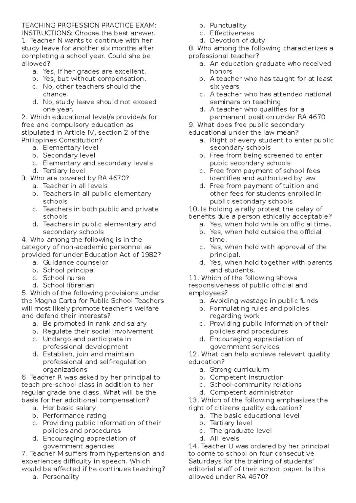 Teaching Profession Practice Exam: Key Questions and Answers - Studocu