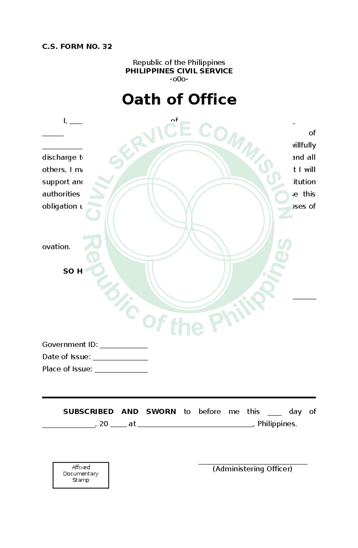 Oath of Office Form No. 32 - Philippines Civil Service Document - Studocu