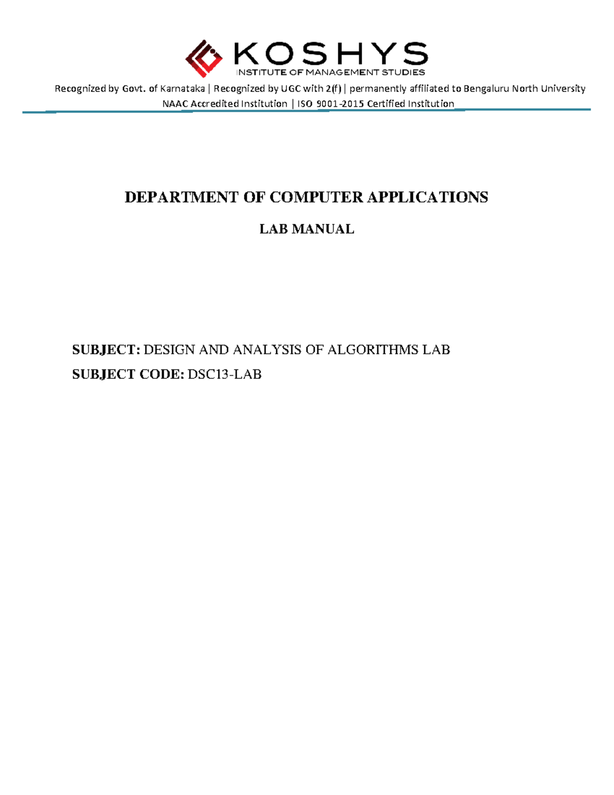 DAA Lab Manual: Design and Analysis of Algorithms (CS101) - Studocu