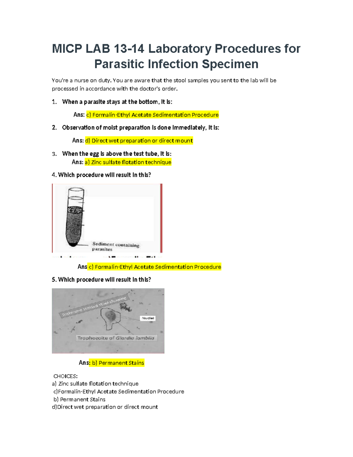 MICP LAB 13-14 Procedures for Parasitic Infection Diagnosis - Studocu