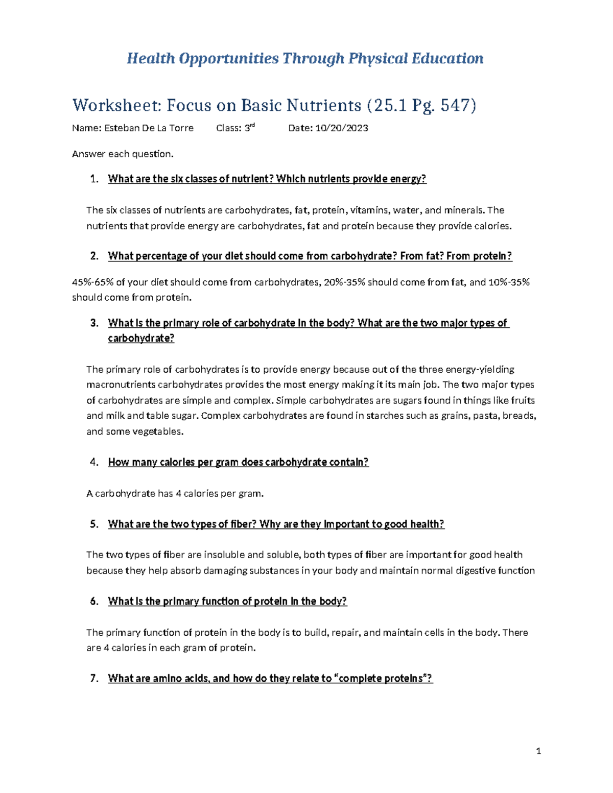 25.1 Worksheet Nutrition - Health Opportunities Through Physical ...