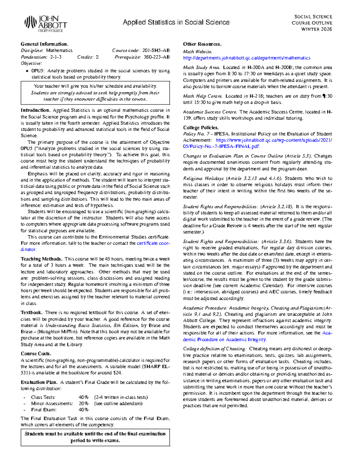 Applied Statistics in Social Science (201-SH5-AB) Course Outline Winter ...