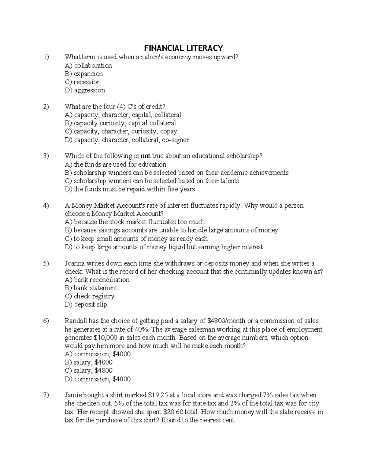 Financial Literacy Quiz - Business Course - Studocu