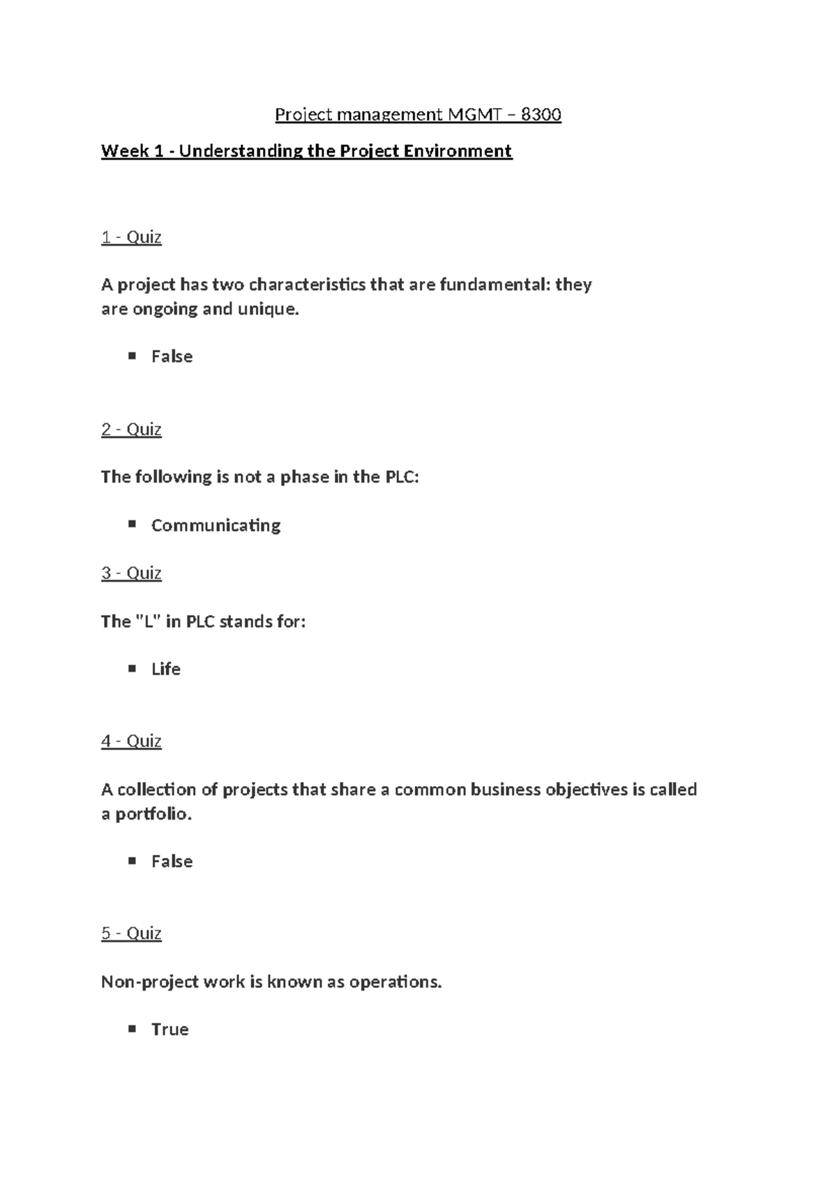 MGMT 8300 Project Management: Weekly Quiz Questions and Answers - Studocu