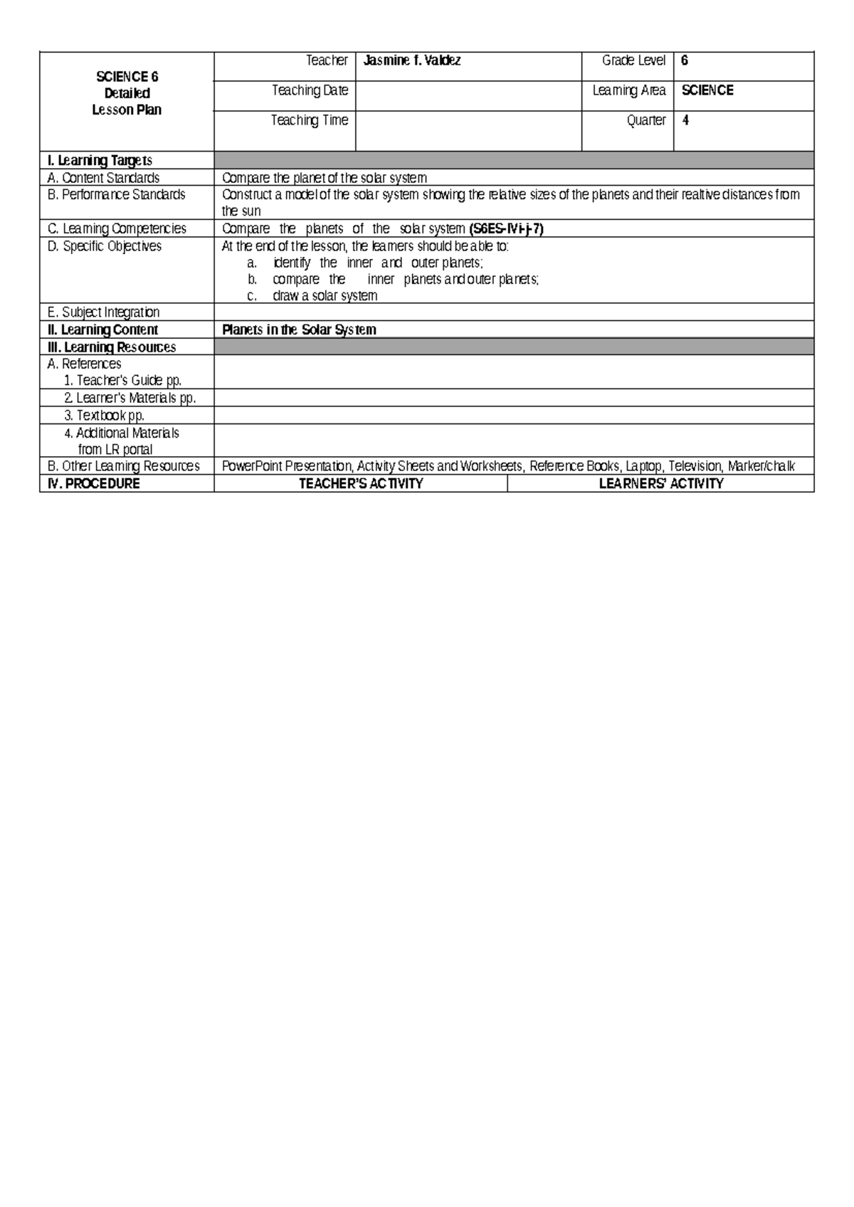 Detailed- Lesson-PLAN - SCIENCE 6 Detailed Lesson Plan Teacher Jasmine ...