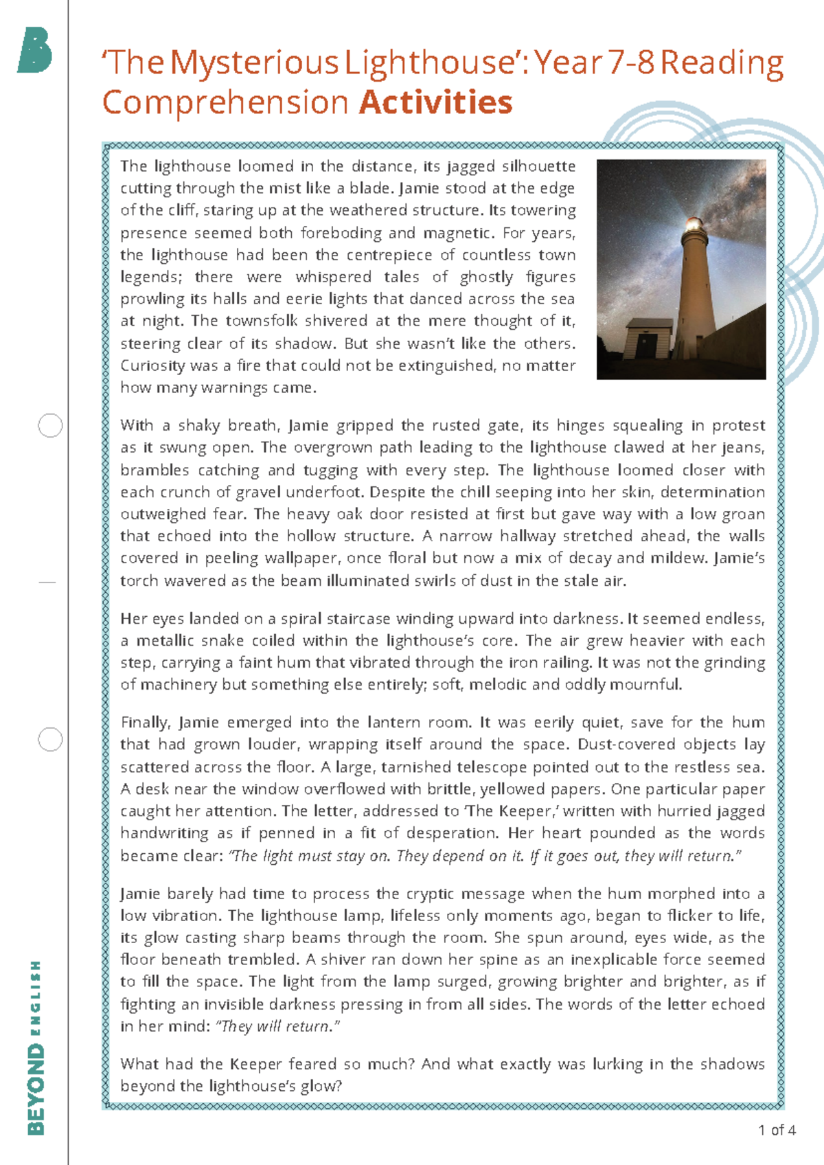 Year 7-8 Reading Comprehension: The Mysterious Lighthouse Activities ...