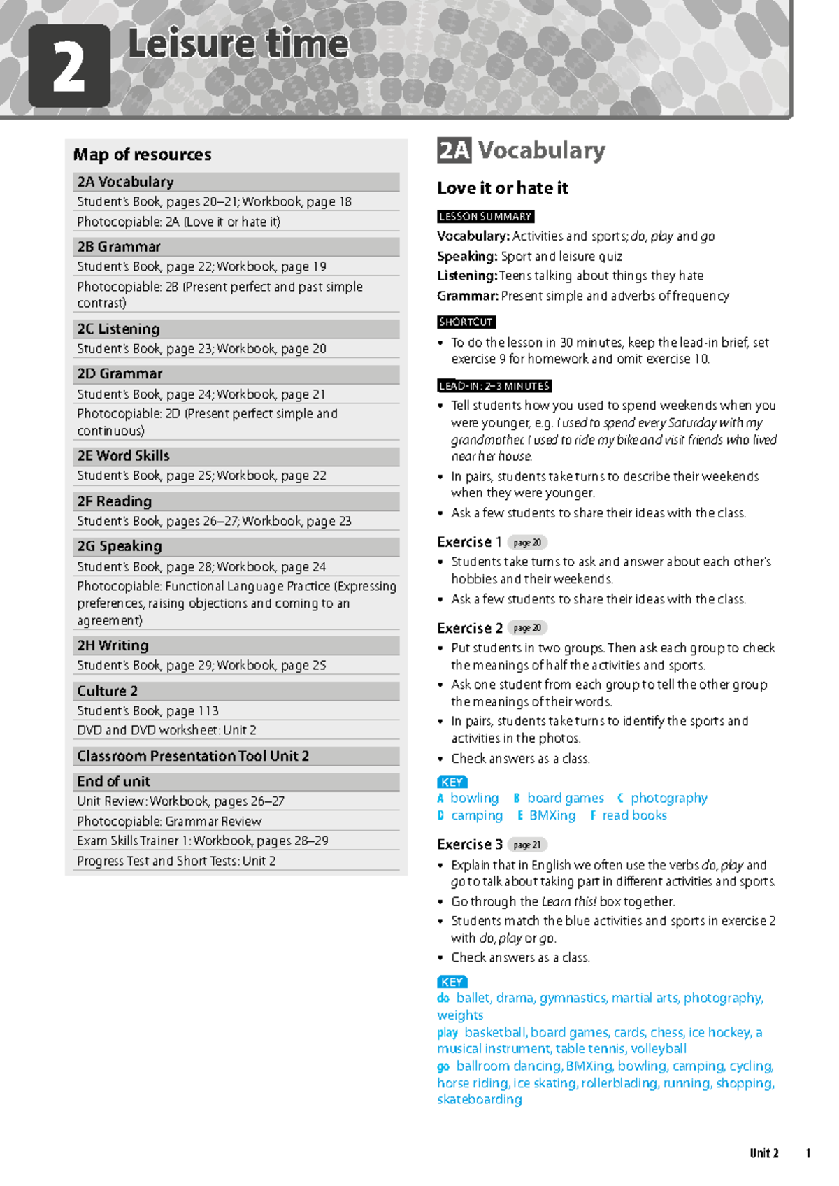 Unit 2 - Teacher's Guide: Leisure Activities and Language Skills - Studocu