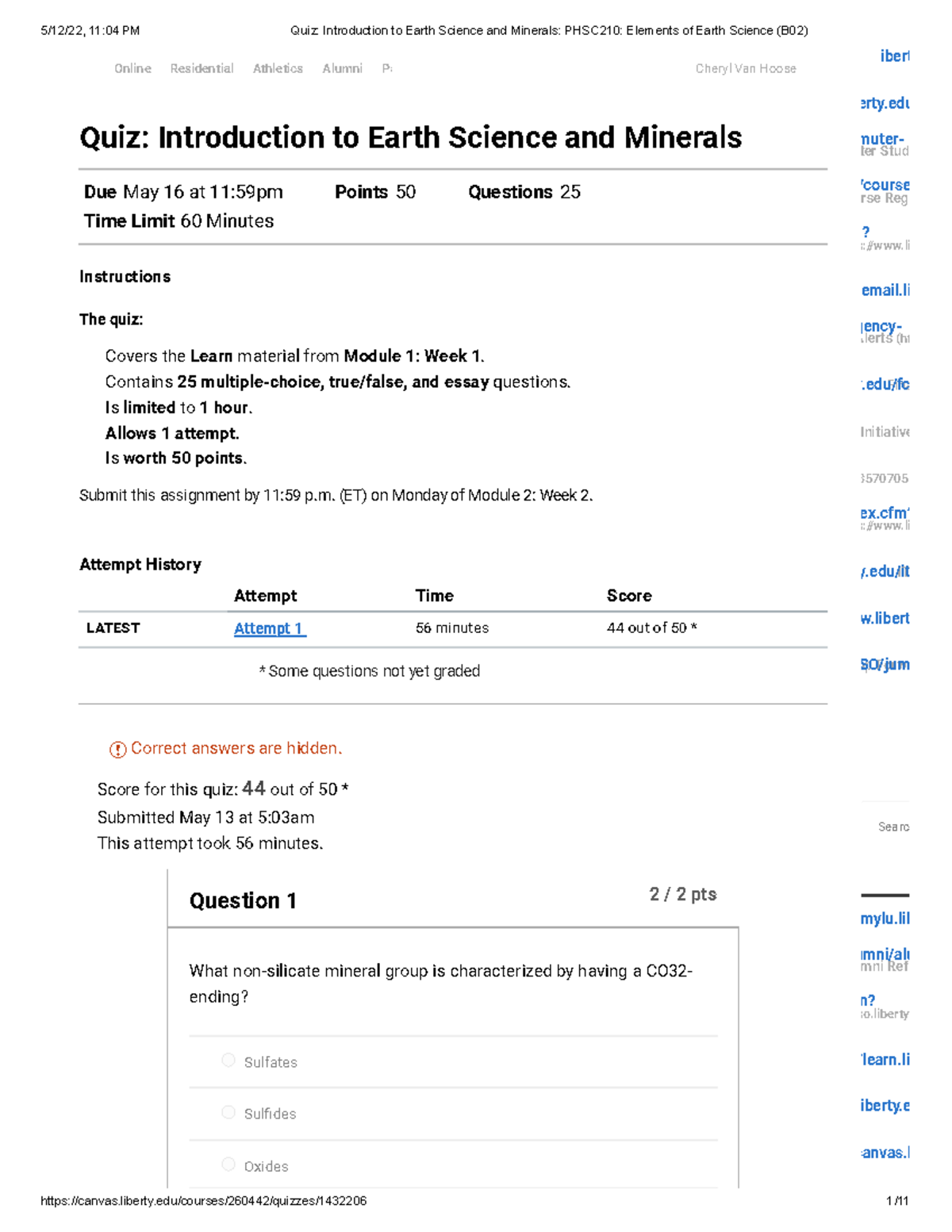 Quiz on Earth Science & Minerals - PHSC210 B02 - Studocu
