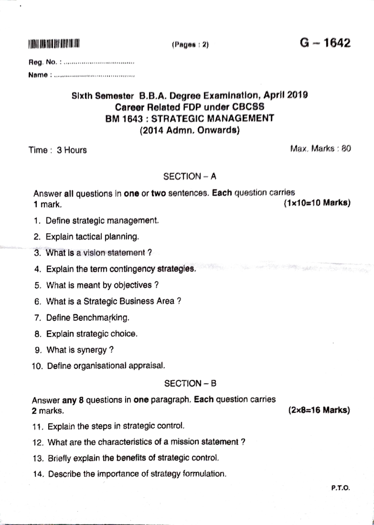 Strategic Management Previous question paper BM 1643 G-1642 - (Pages ...
