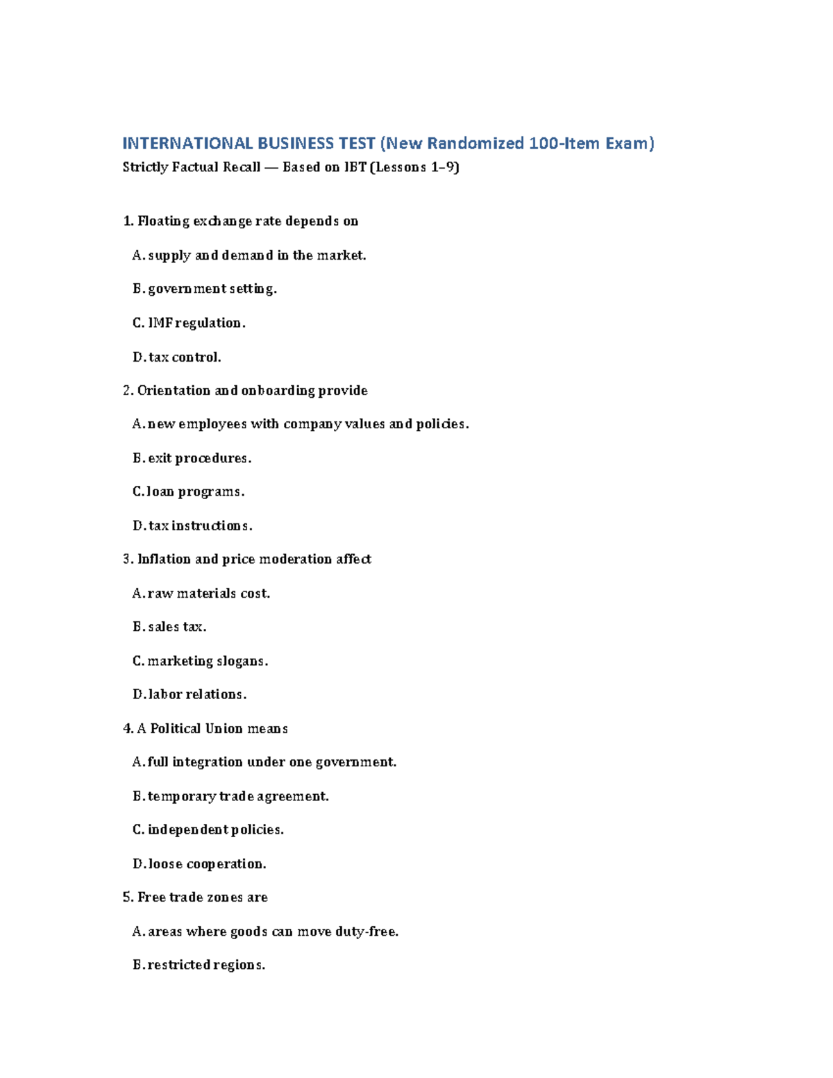IBT 100-Item Mock Test: International Business Exam Review - Studocu