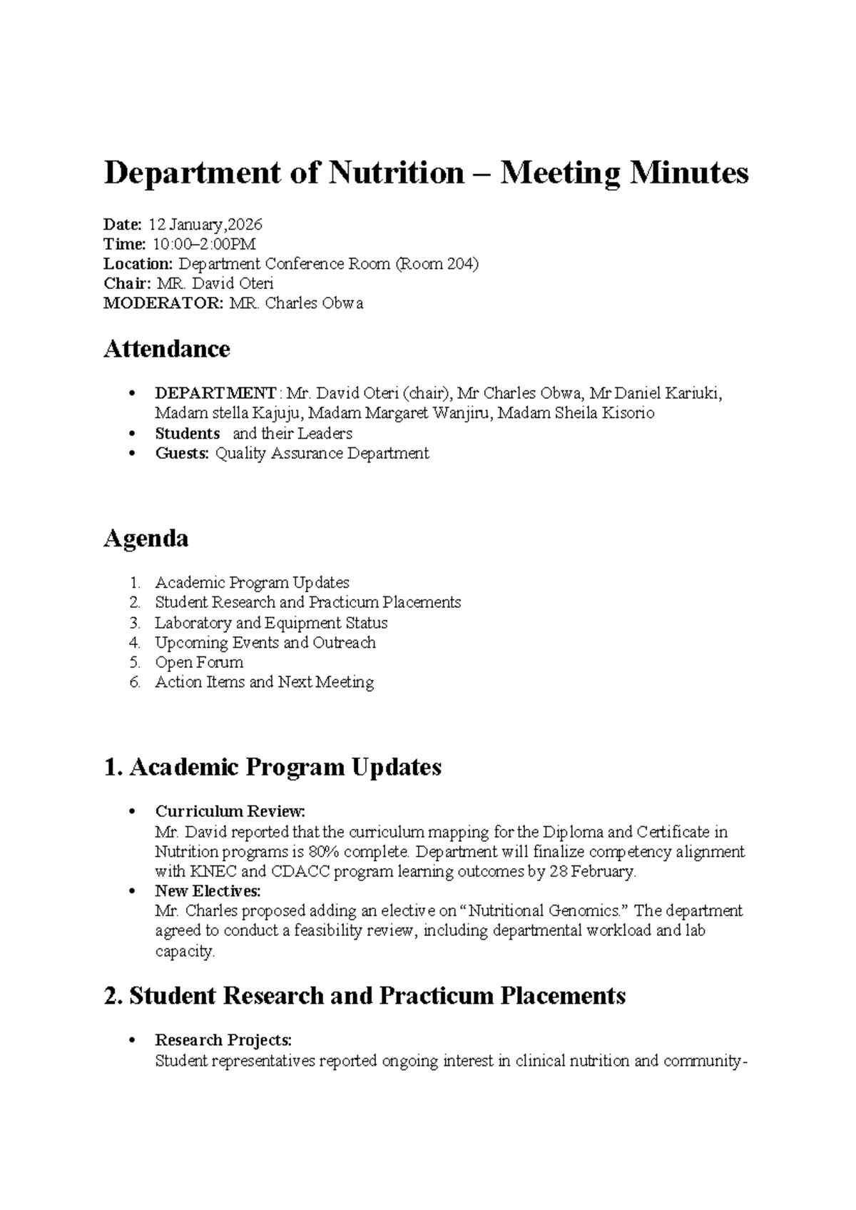 Nutrition Department Meeting Minutes - January 12, 2026 - Studocu