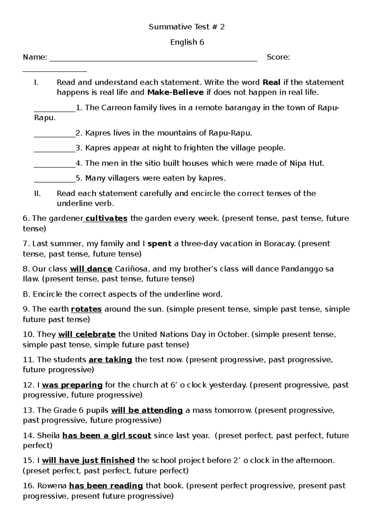 Summative Test #2 - English 6: Understanding Real vs. Make-Believe ...