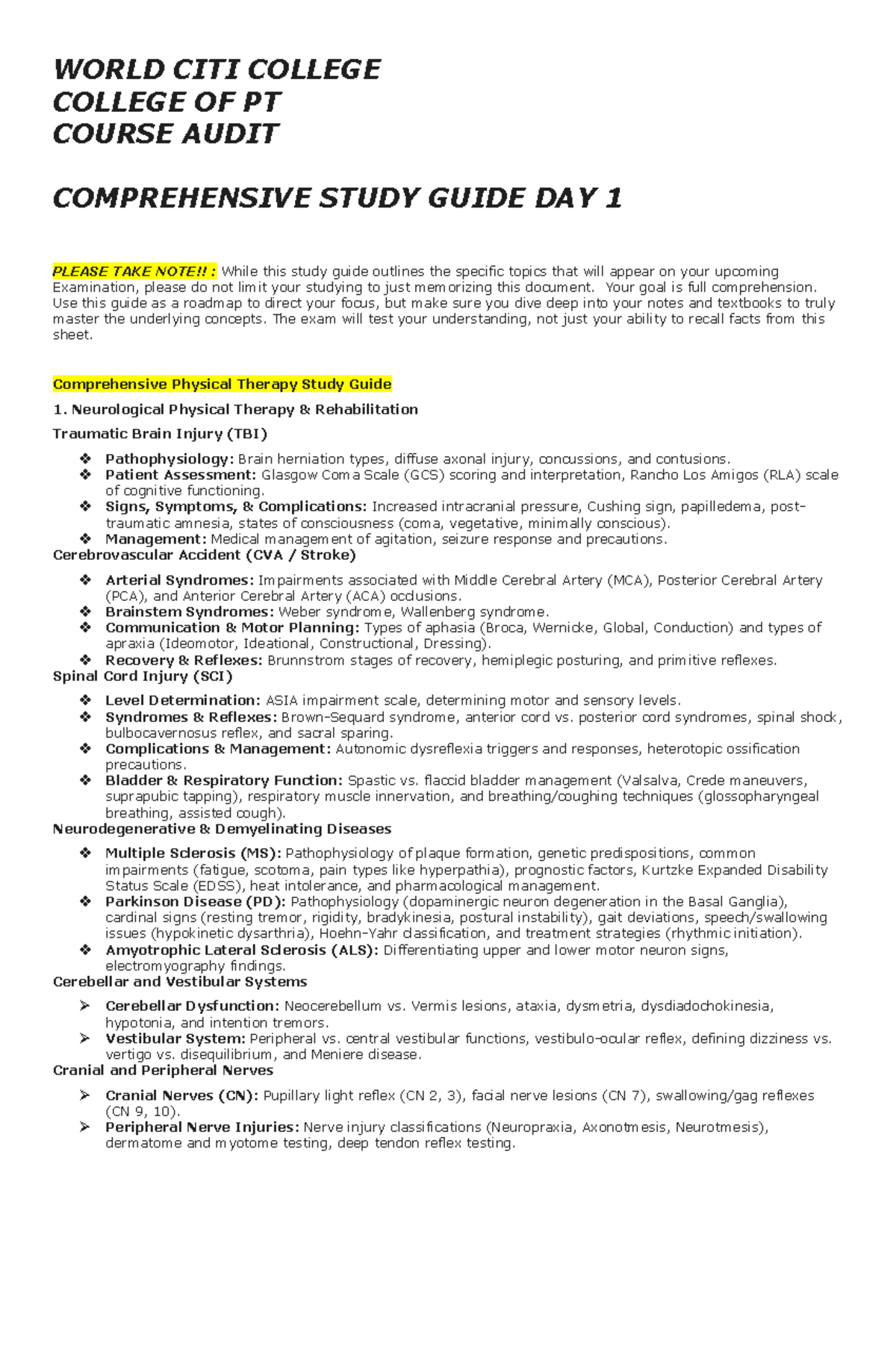 Comprehensive Study Guide for PT Course Audit - Day 1 - Studocu