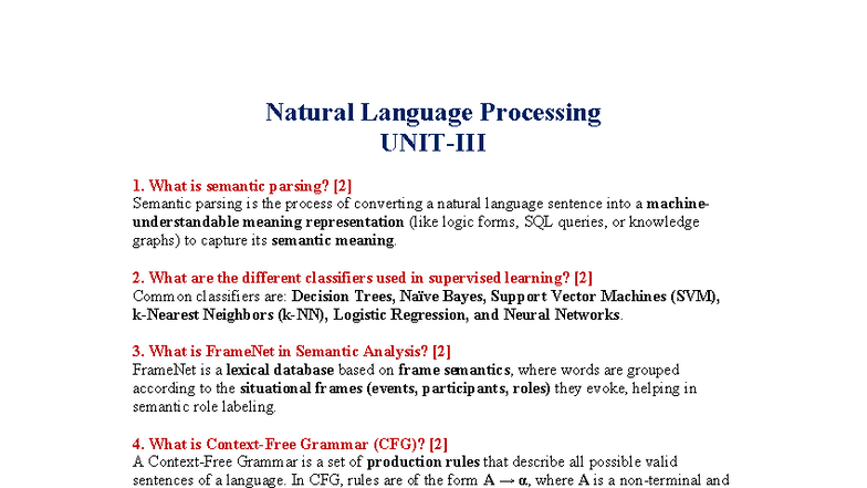 UNIT-III Q&A - Syntax Parsing in Natural Language Processing - Studocu
