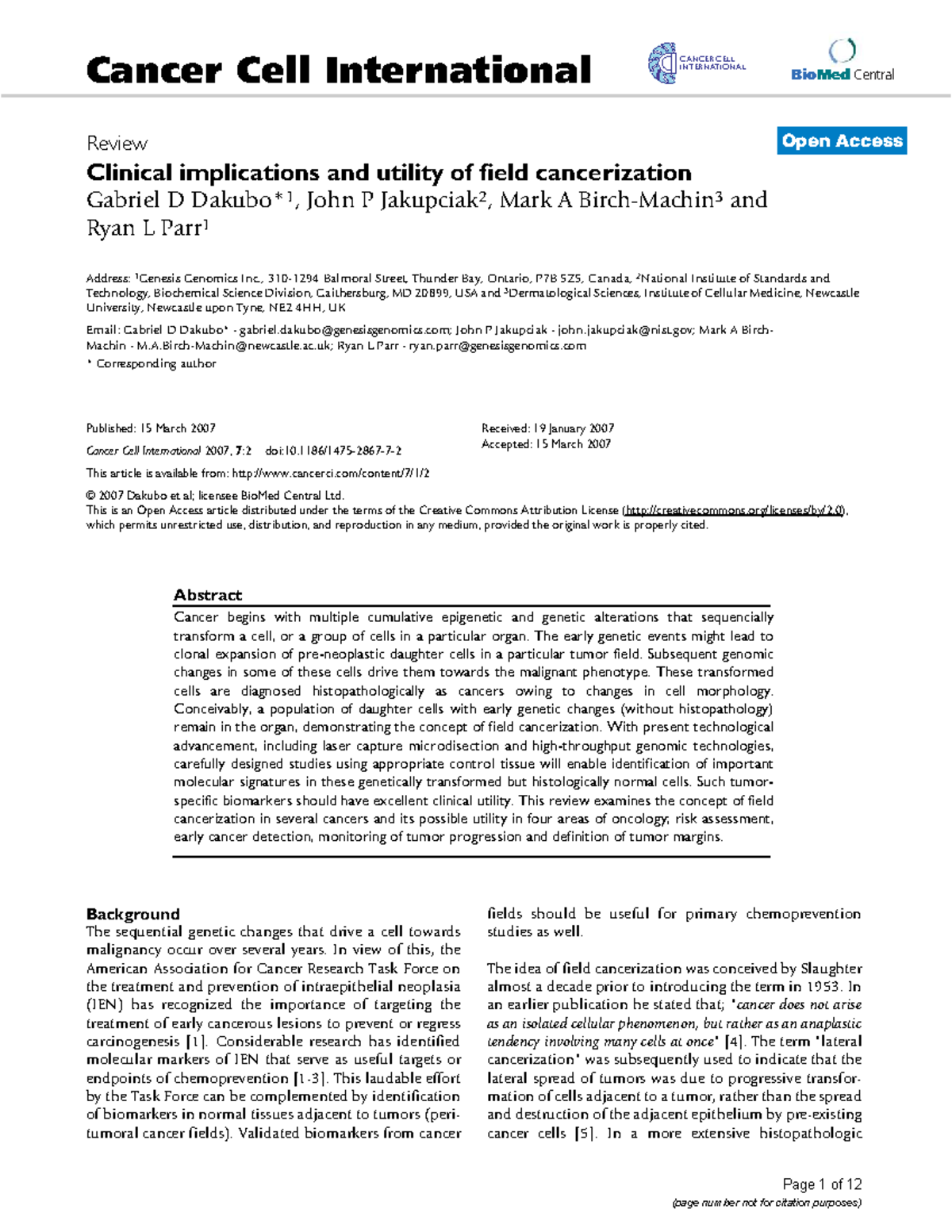 Clinical Implications of Field Cancerization in Oncology: CANCER CELL ...