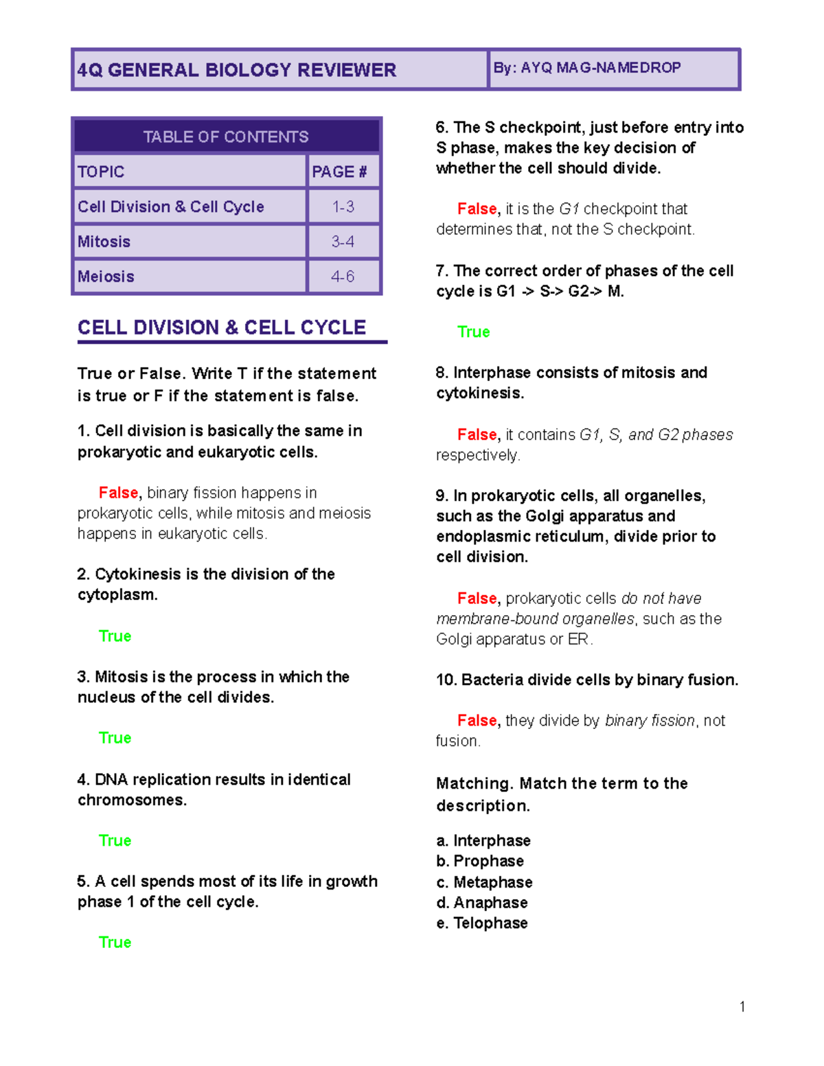 4Q General Biology Reviewer: Cell Division and Mitosis Insights - Studocu