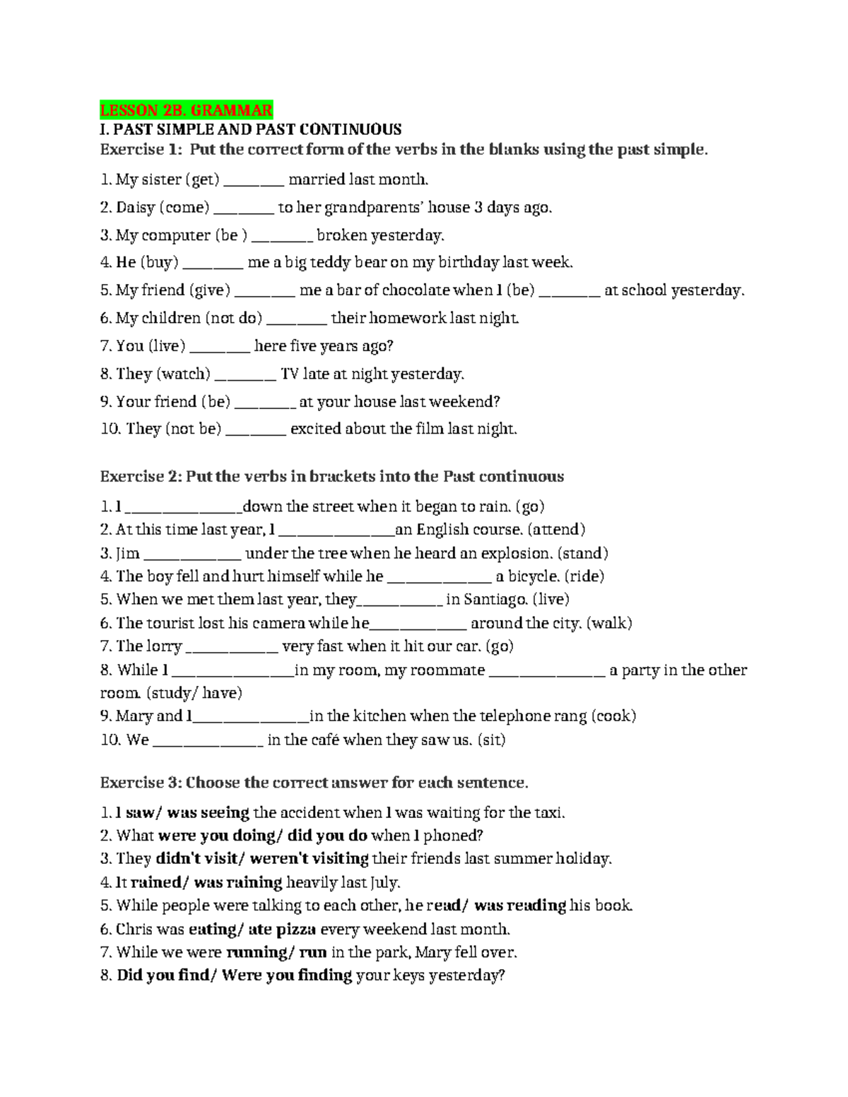 LESSON 2B: GRAMMAR I - PAST SIMPLE & CONTINUOUS EXERCISES - Studocu