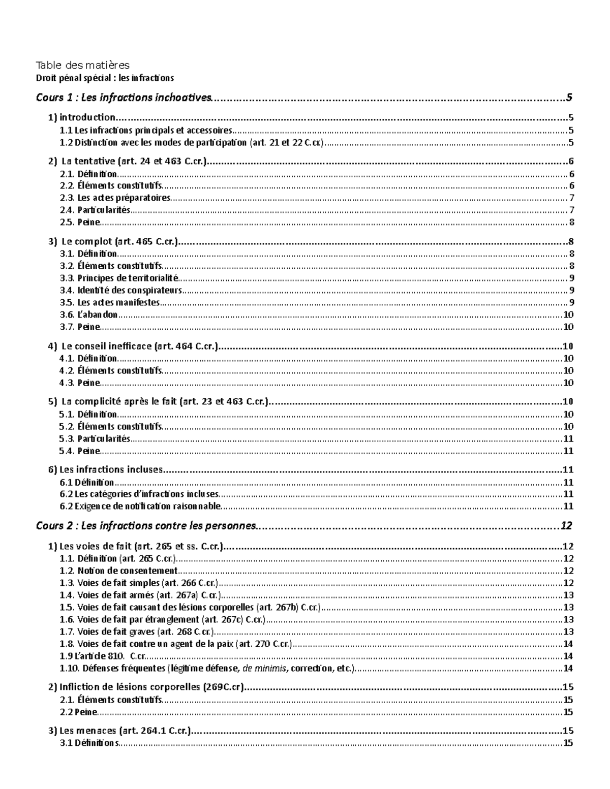 Notes de cours - infractions principales du CCR - Table des matières ...