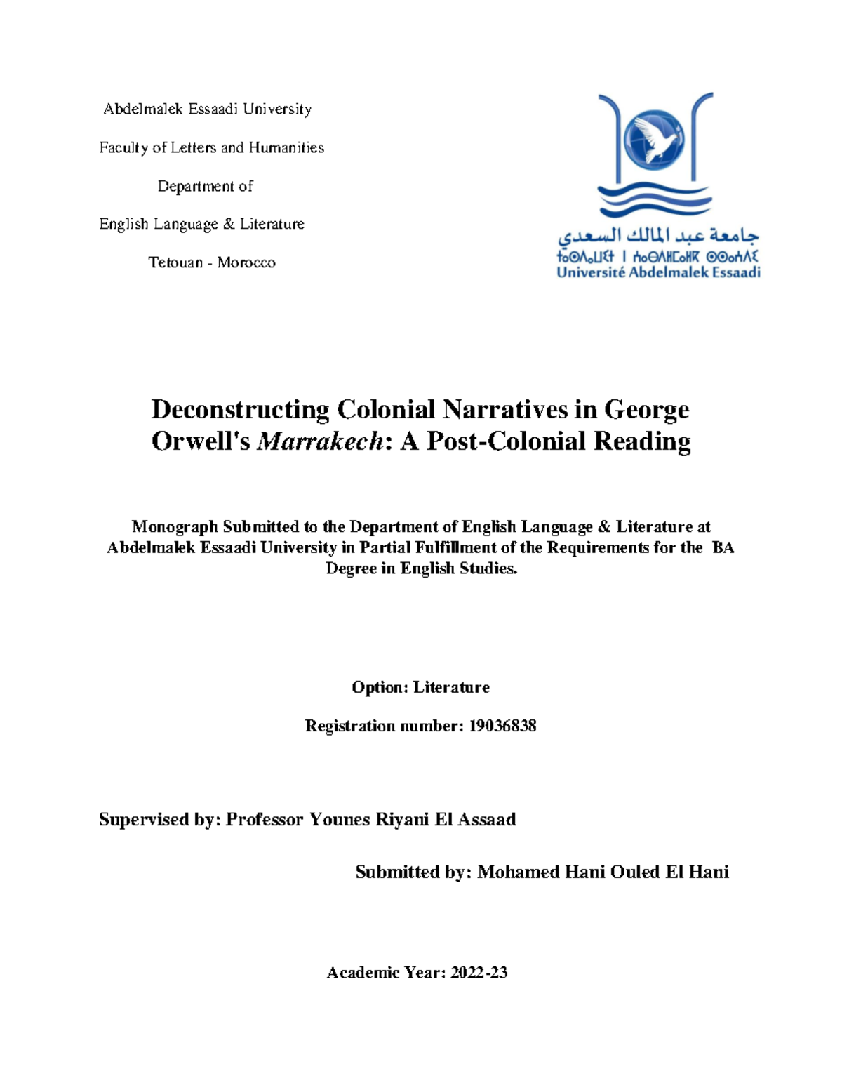 Post-Colonial Analysis of Orwell's Marrakech: A Study for ENGL 202 ...