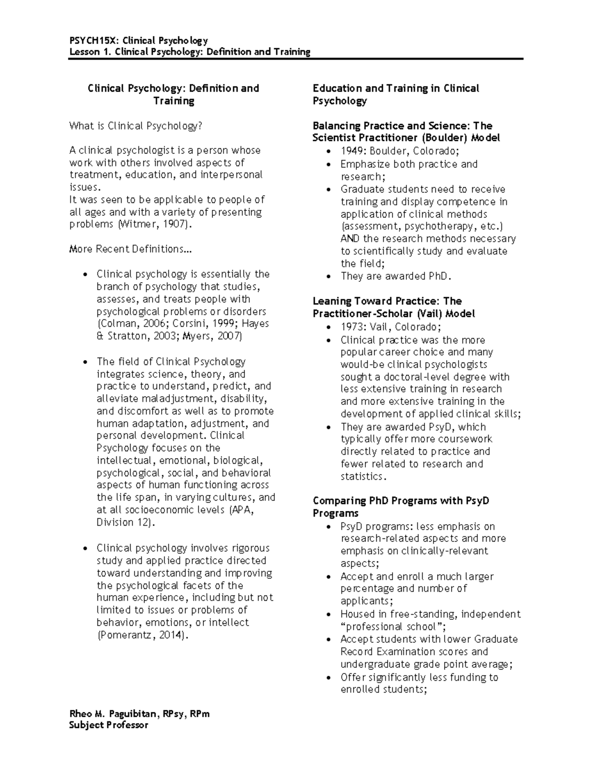 Lesson 1: Intro to Clinical Psychology - Definition & Training - Studocu