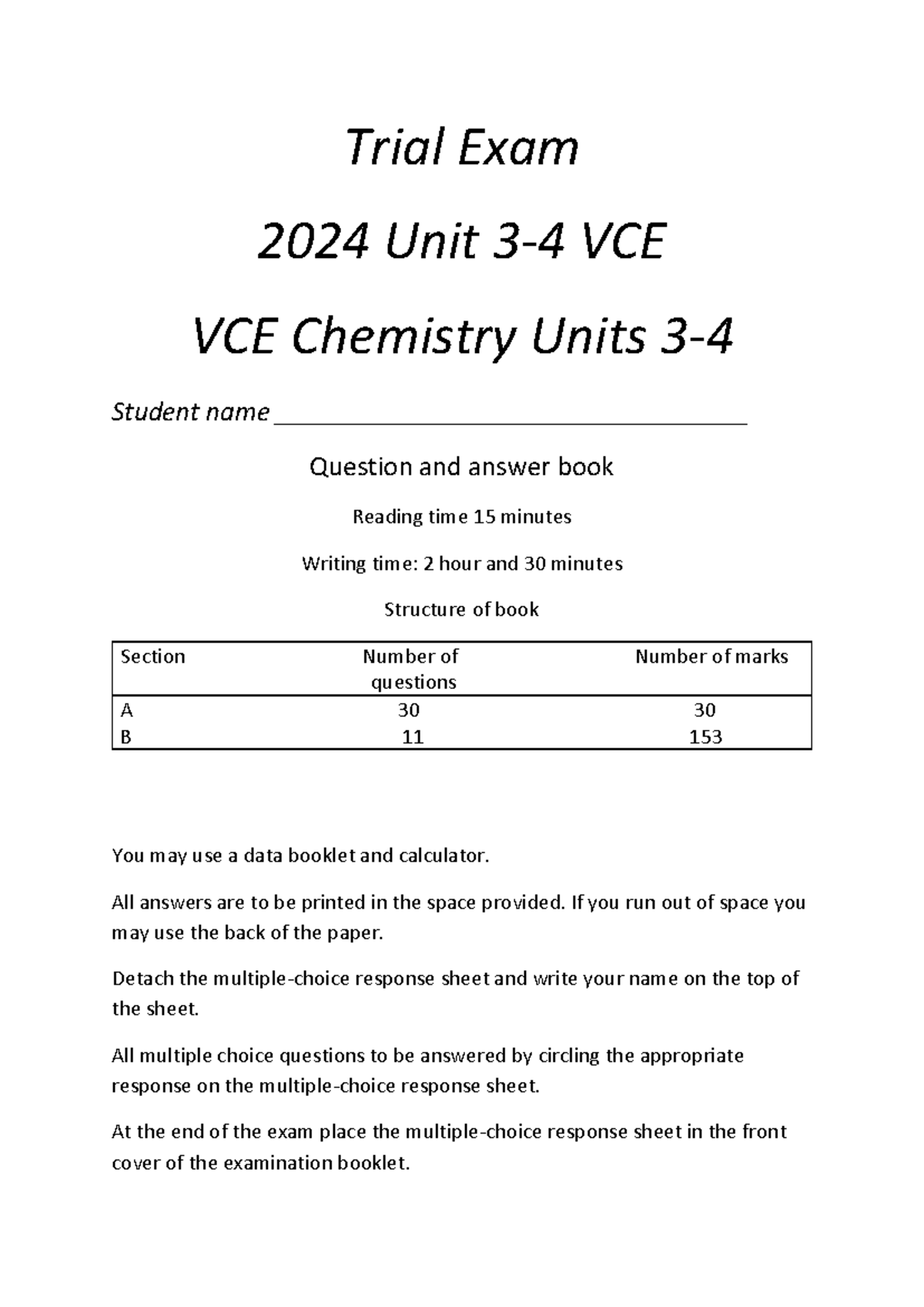 Practice Exam 2024 Units 3-4 VCE Chemistry Questions and Answers - Studocu