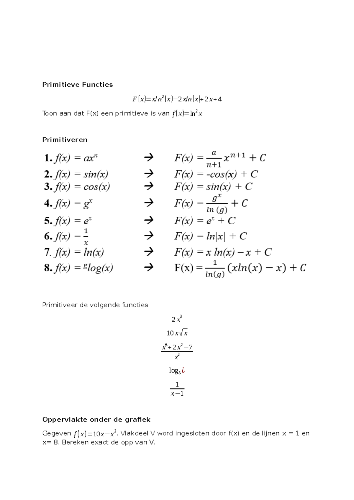 Primitiveren en Opgaven voor Examen Wis B - Extra Oefeningen - Studeersnel