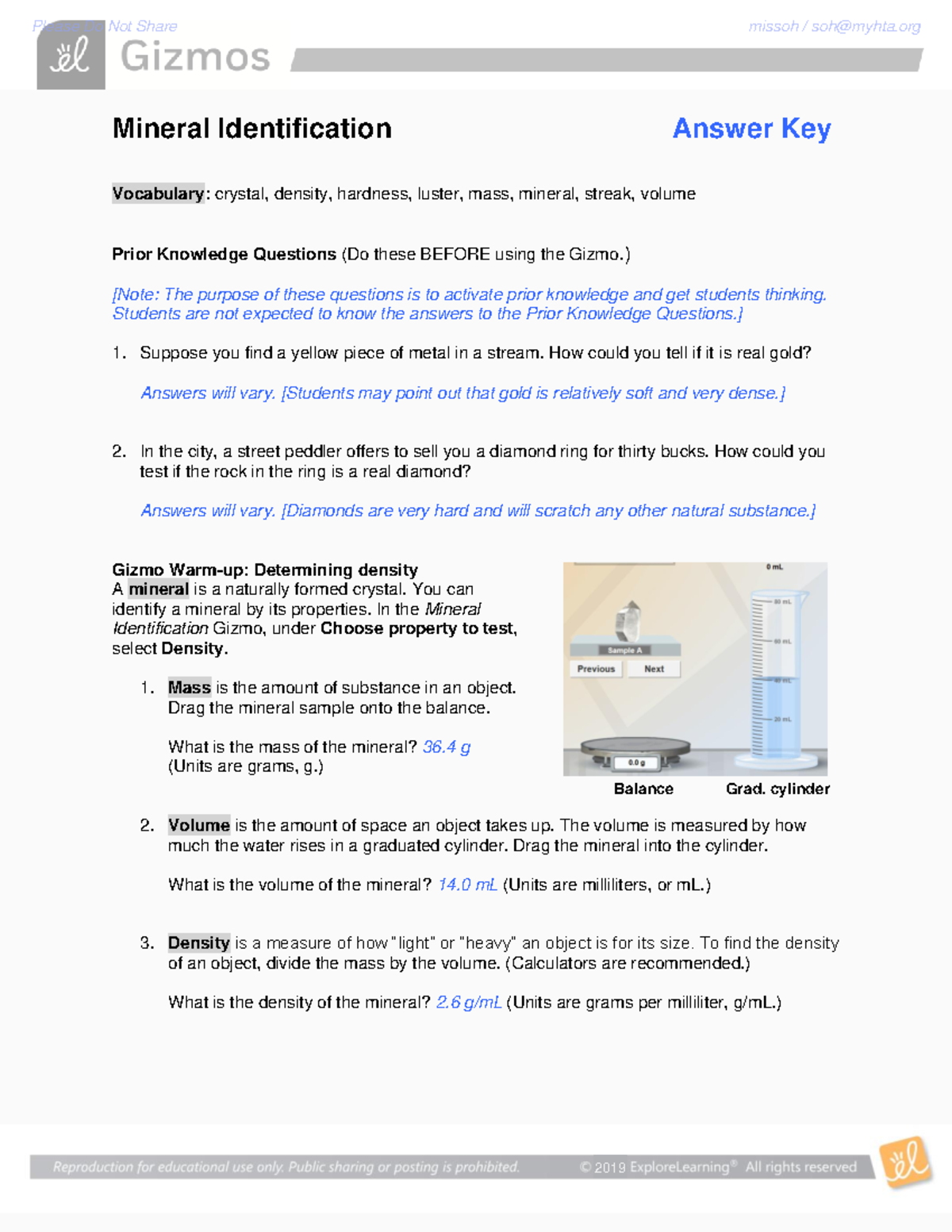 Mineral Identification SE Answer Key for Gizmo Activities - Studocu