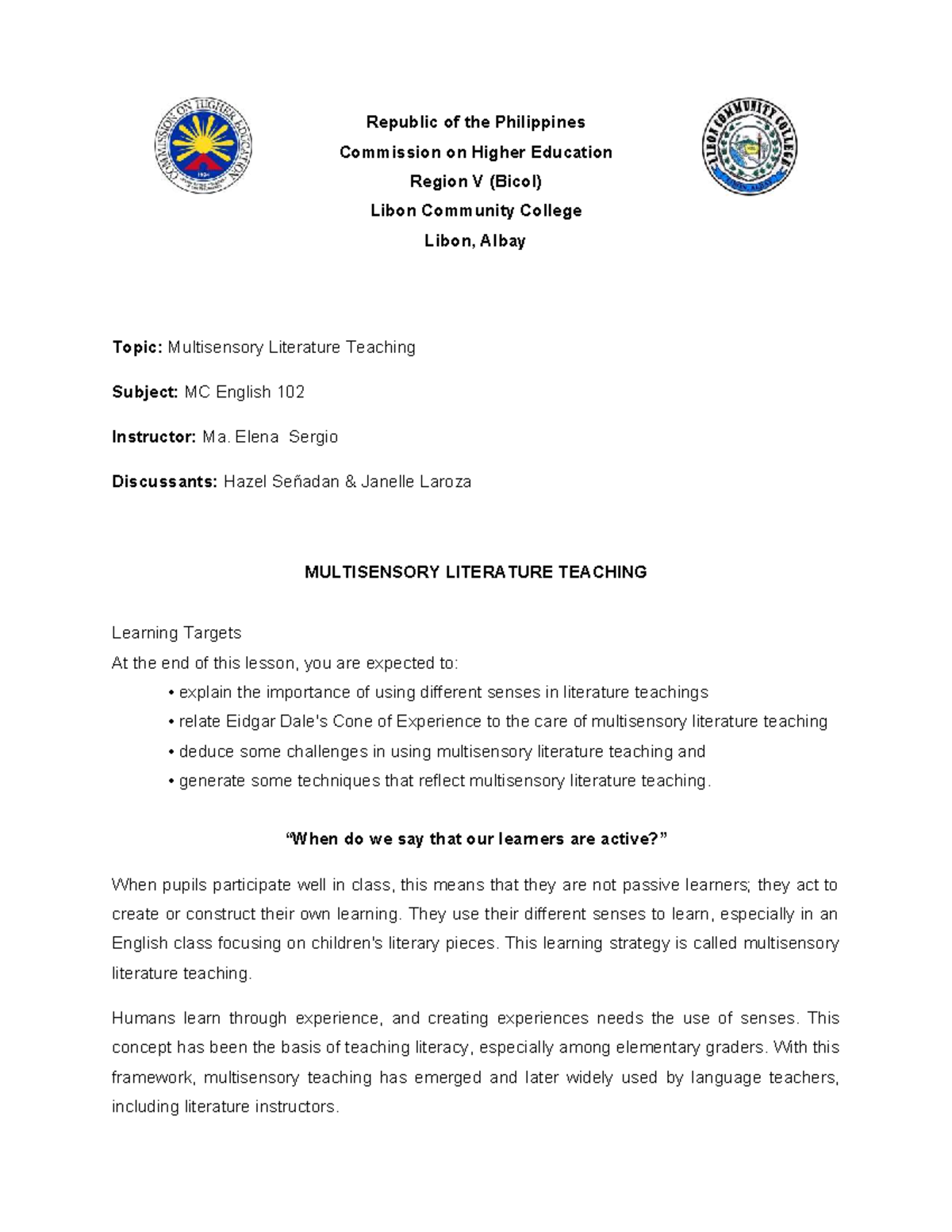 MC English 102 Lesson 7: Multisensory Literature Teaching Techniques ...