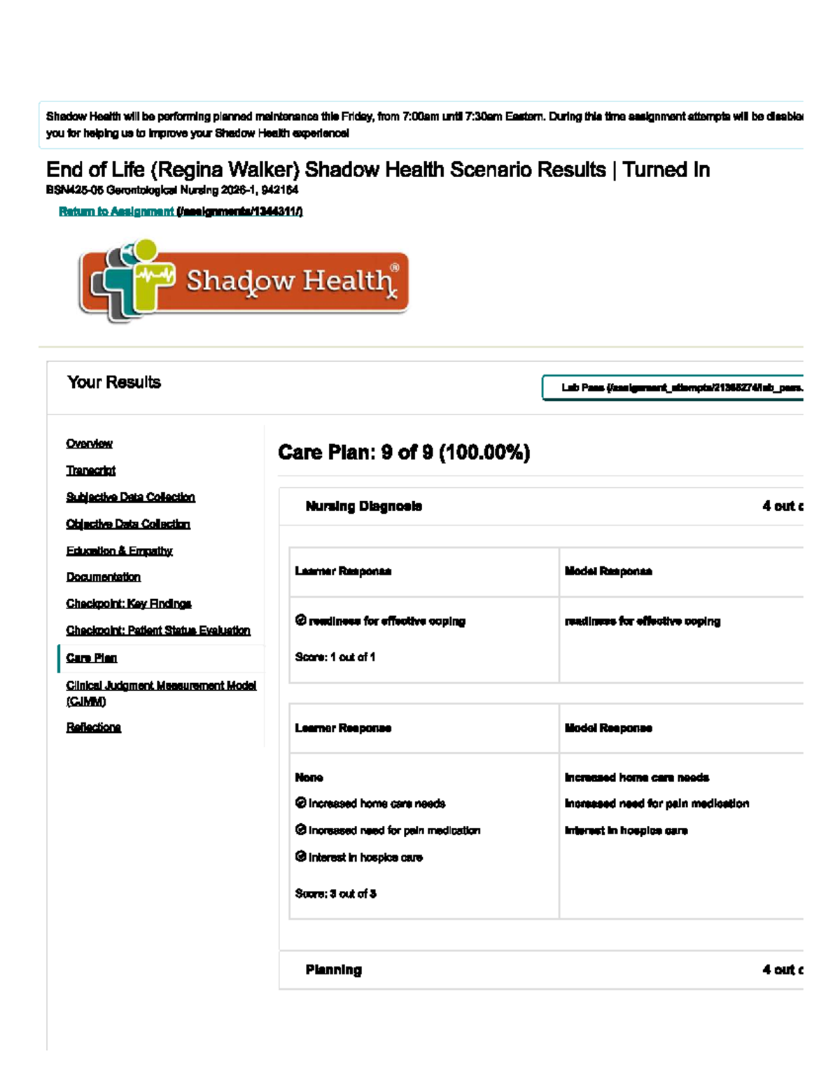 Shadow Health Care Plan: End of Life Care (Regina Walker) - Studocu