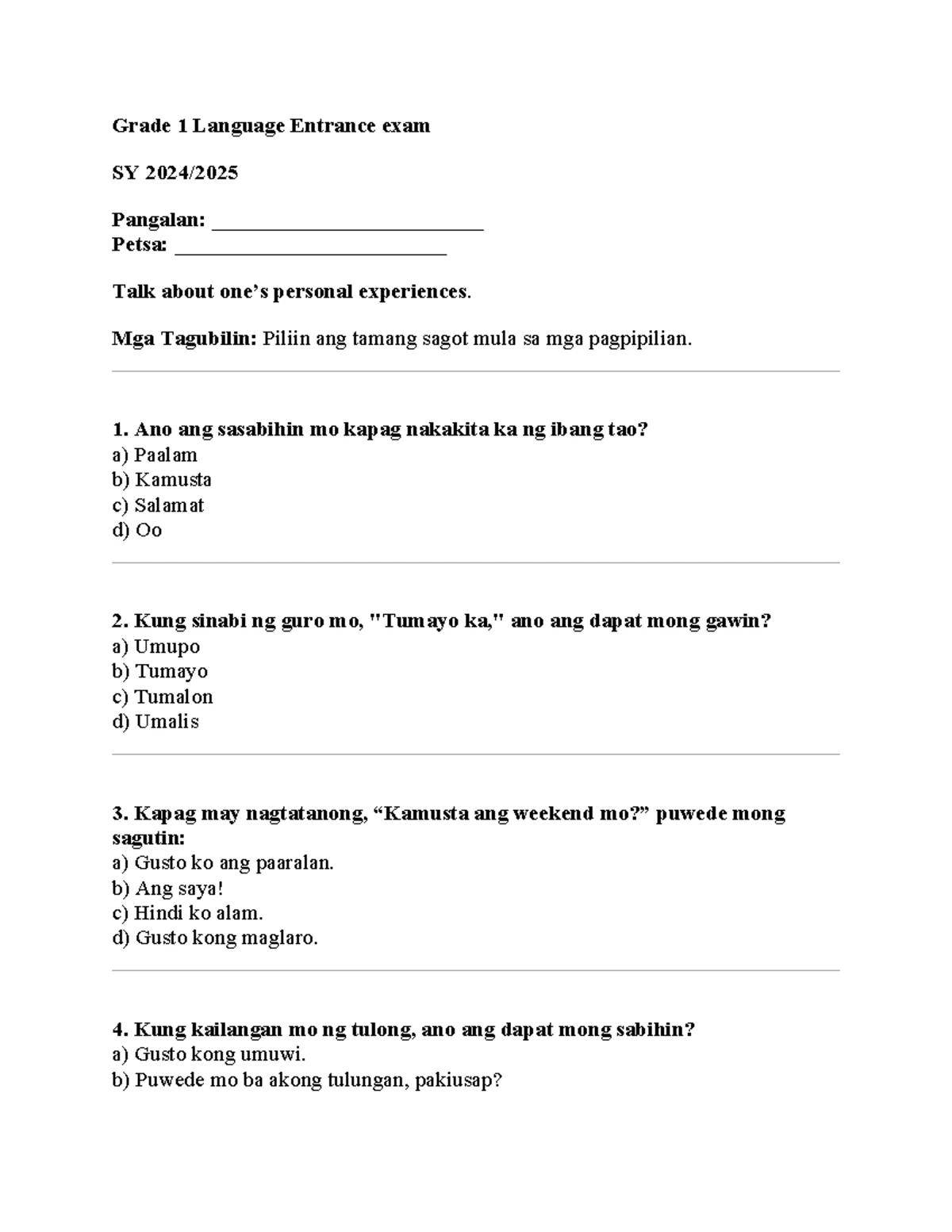 Grade 1 Reading and Literacy Entrance exam - Grade 1 MATATAG-Reading ...