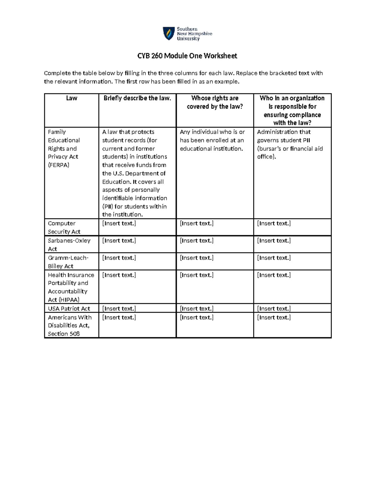 CYB 260 Module One Worksheet: Laws on Student Privacy and Rights - Studocu