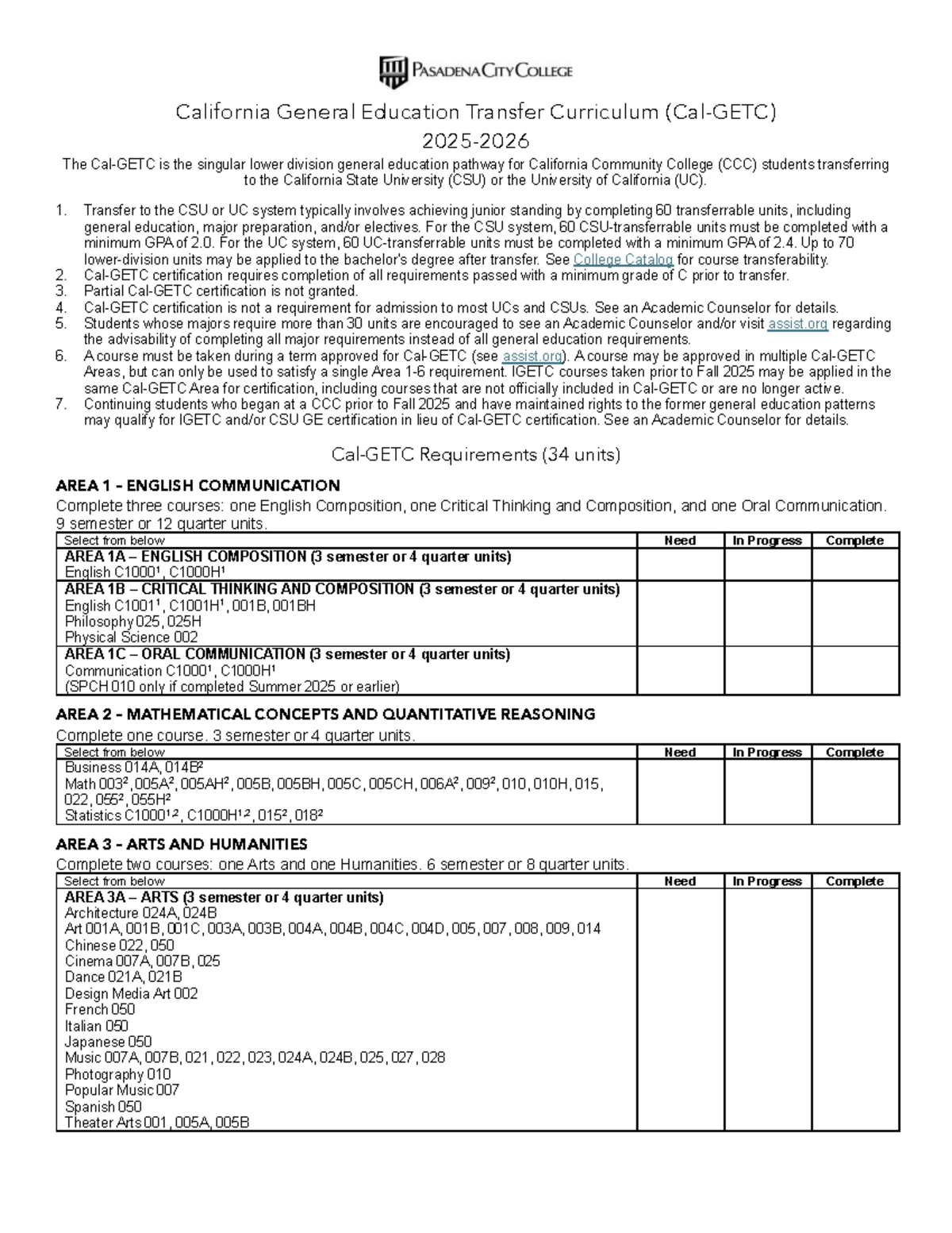 Cal-GETC 2025-2026: General Education Transfer Pathway Notes - Studocu