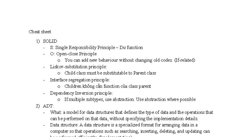 Cheat Sheet: SOLID Principles, ADT, Recursion & Complexity Concepts - Studocu
