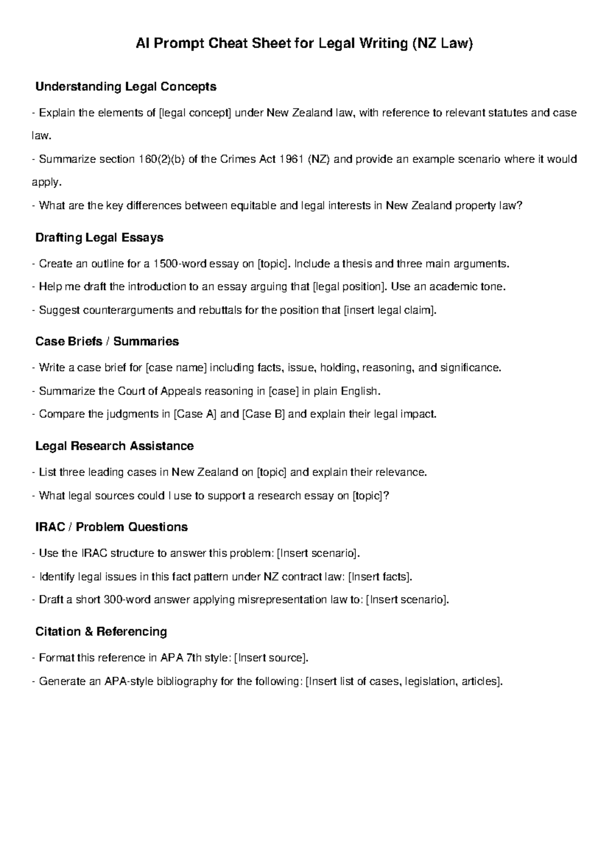 AI Legal Writing Prompt Cheat Sheet (NZ Law) - Key Concepts & Case ...