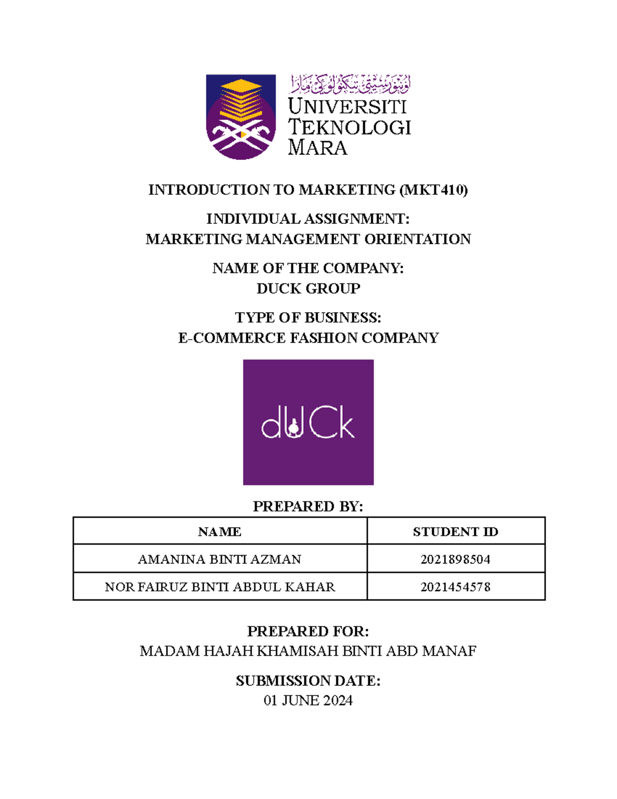 Individual Assignment: Marketing Management Orientation MKT410 - Duck ...