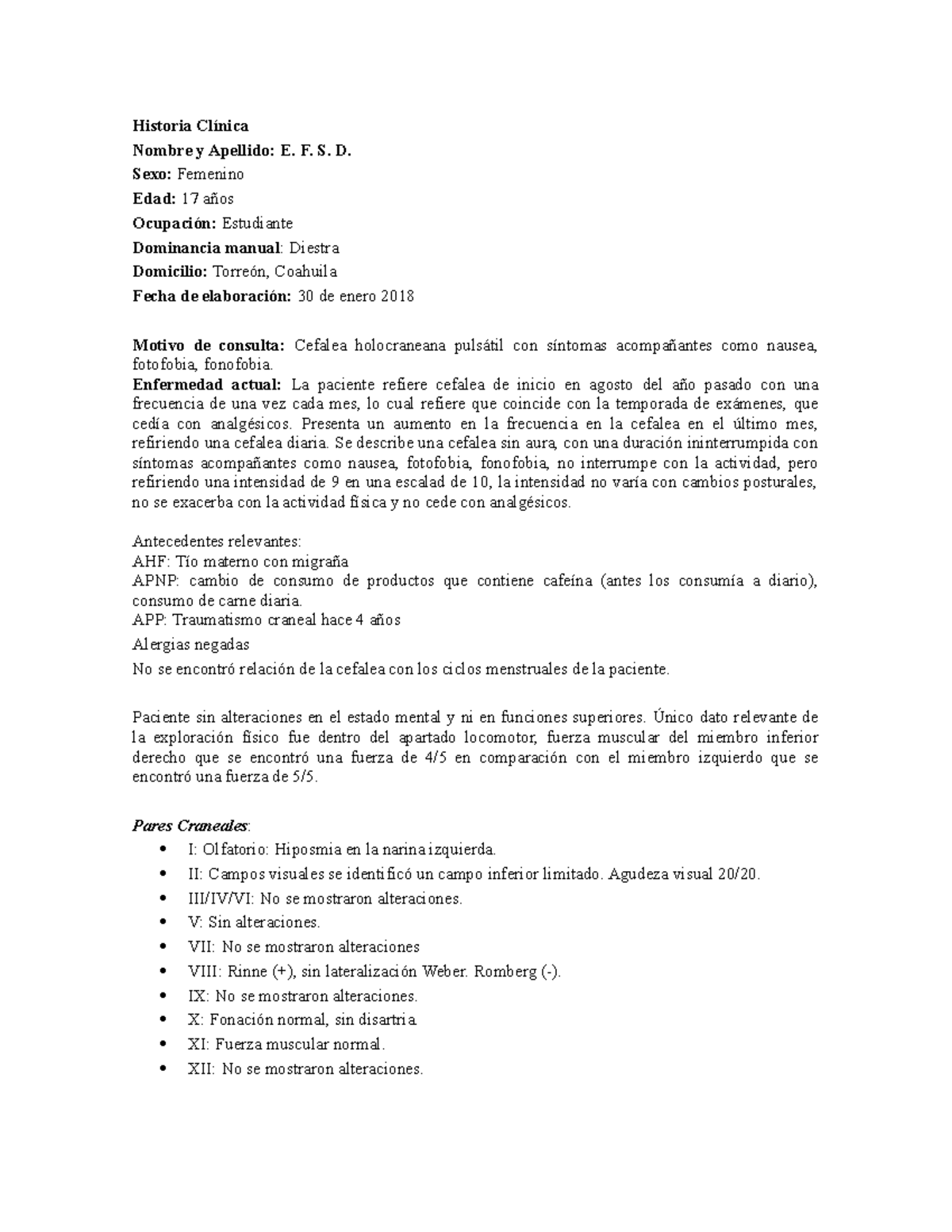 Historia Clínica de Cefalea Holocraneana en Paciente Femenina (CIE-10 ...