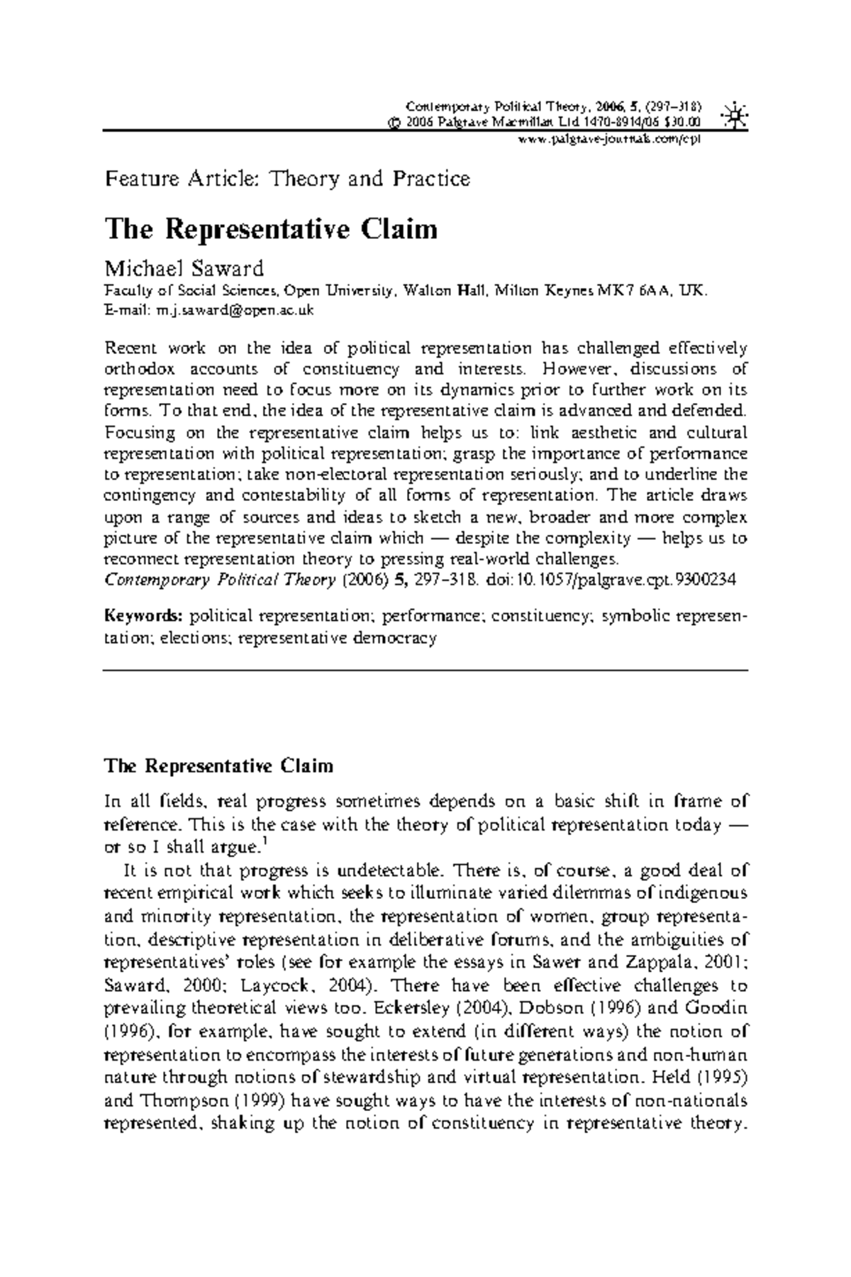 Revisiting Political Representation: The Representative Claim (CPT 2006 ...