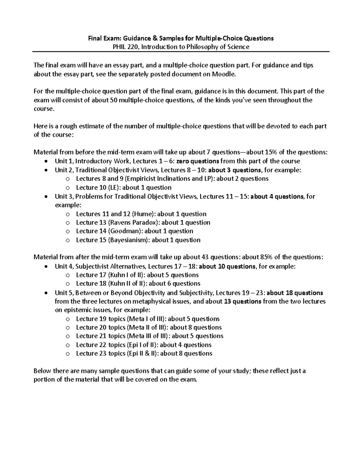 PHIL 220 Final Exam M-C Question Guidance & Samples, W2025 - Studocu