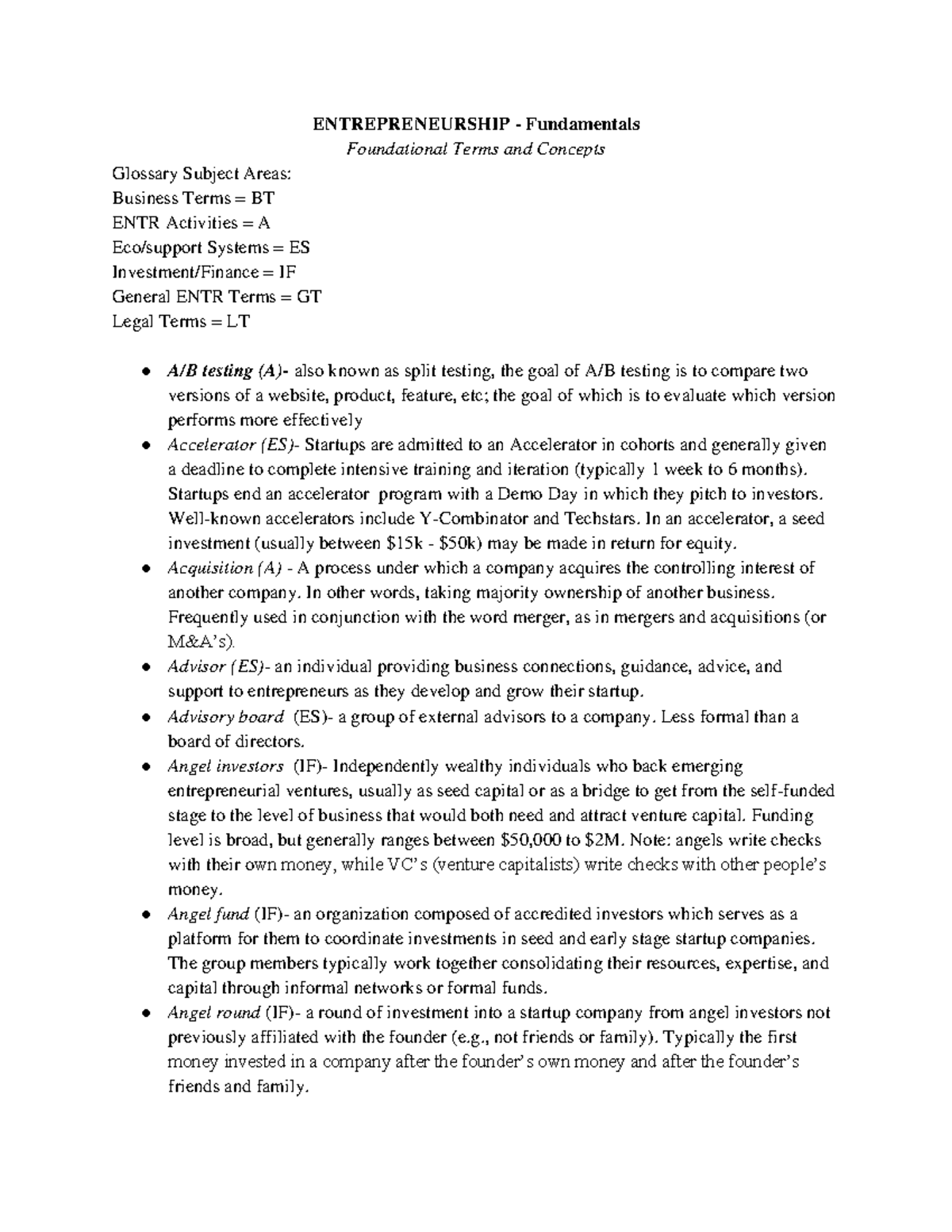 ENTR 101: Entrepreneurship Fundamentals Glossary and Key Terms V3 - Studocu